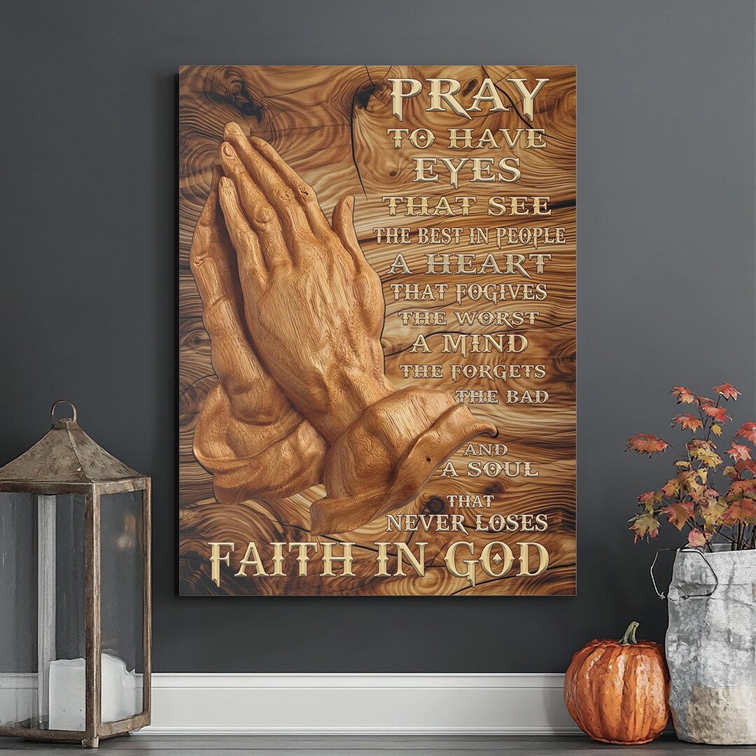 Praying Hands Faith Quote Canvas Art- Christian Wall Art - Faux Wood ...