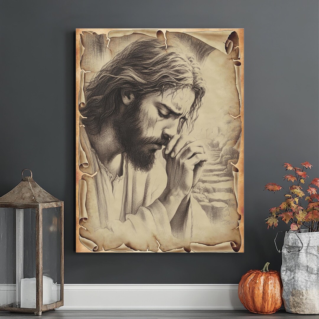 Jesus Christ Praying Wall Art | Vintage Sketch on Parchment | Christian ...