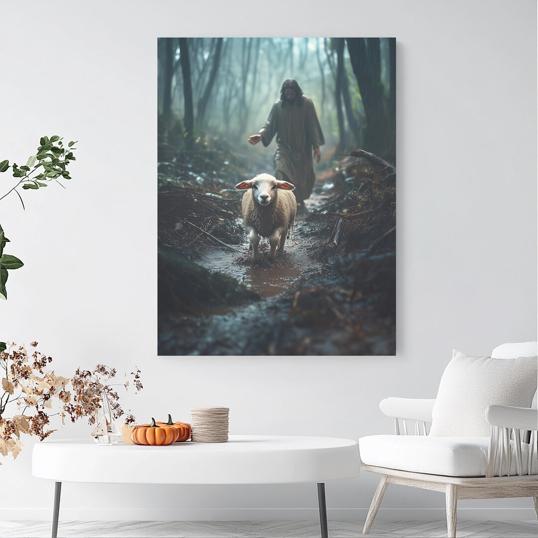 Jesus Rescuing a Lost Lamb in the Forest Inspirational Christian Canvas ...