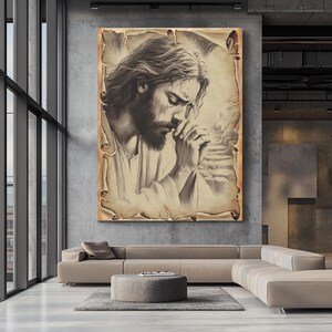 Jesus Christ Praying Wall Art | Vintage Sketch on Parchment | Christian ...