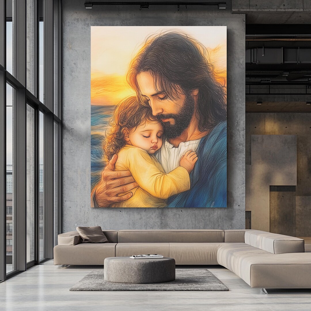 Jesus Hugging Child Canvas Wall Art - Christian Home Decor With Sunset ...