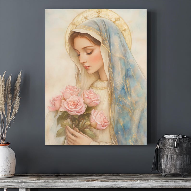 Virgin Mary Wall Art – Soft Watercolor Catholic Print, Blessed Mother ...