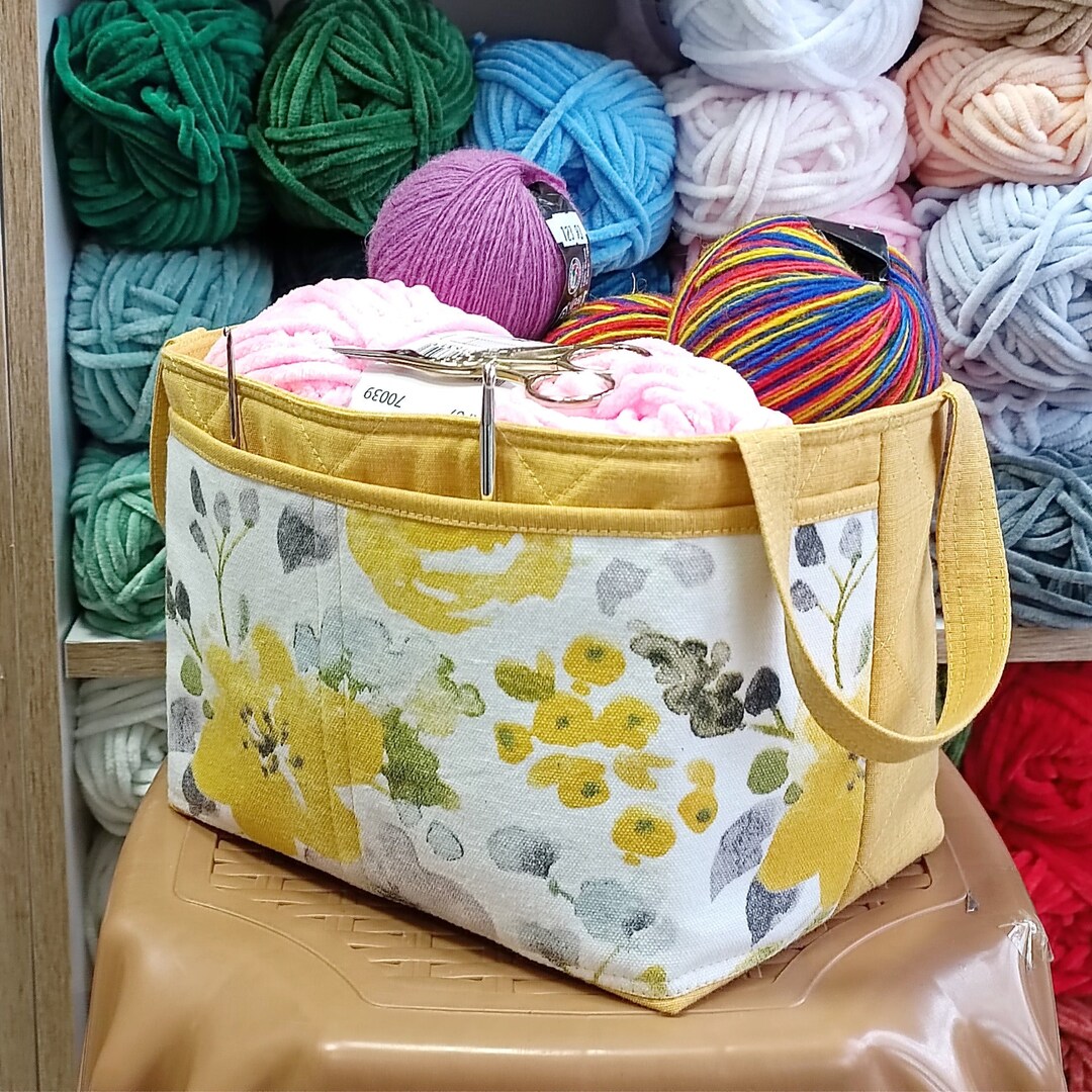 Knitting Project Bag, Yellow Small Yarn Bag, Fabric Basket for Yarn ...