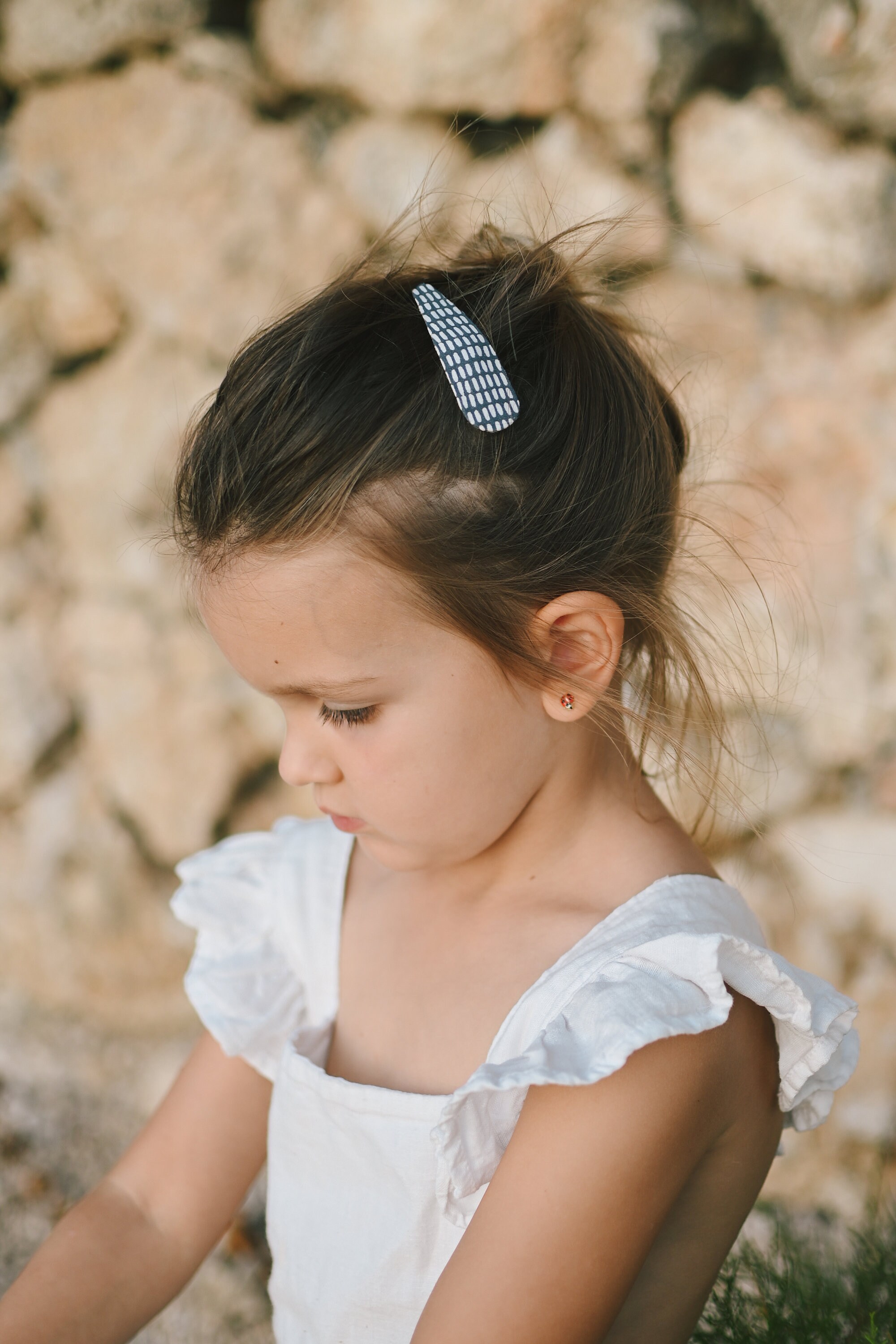 Bloom Dark Navy Blue Snap Clips, White Polka Dots Linen Soft Fabric ...