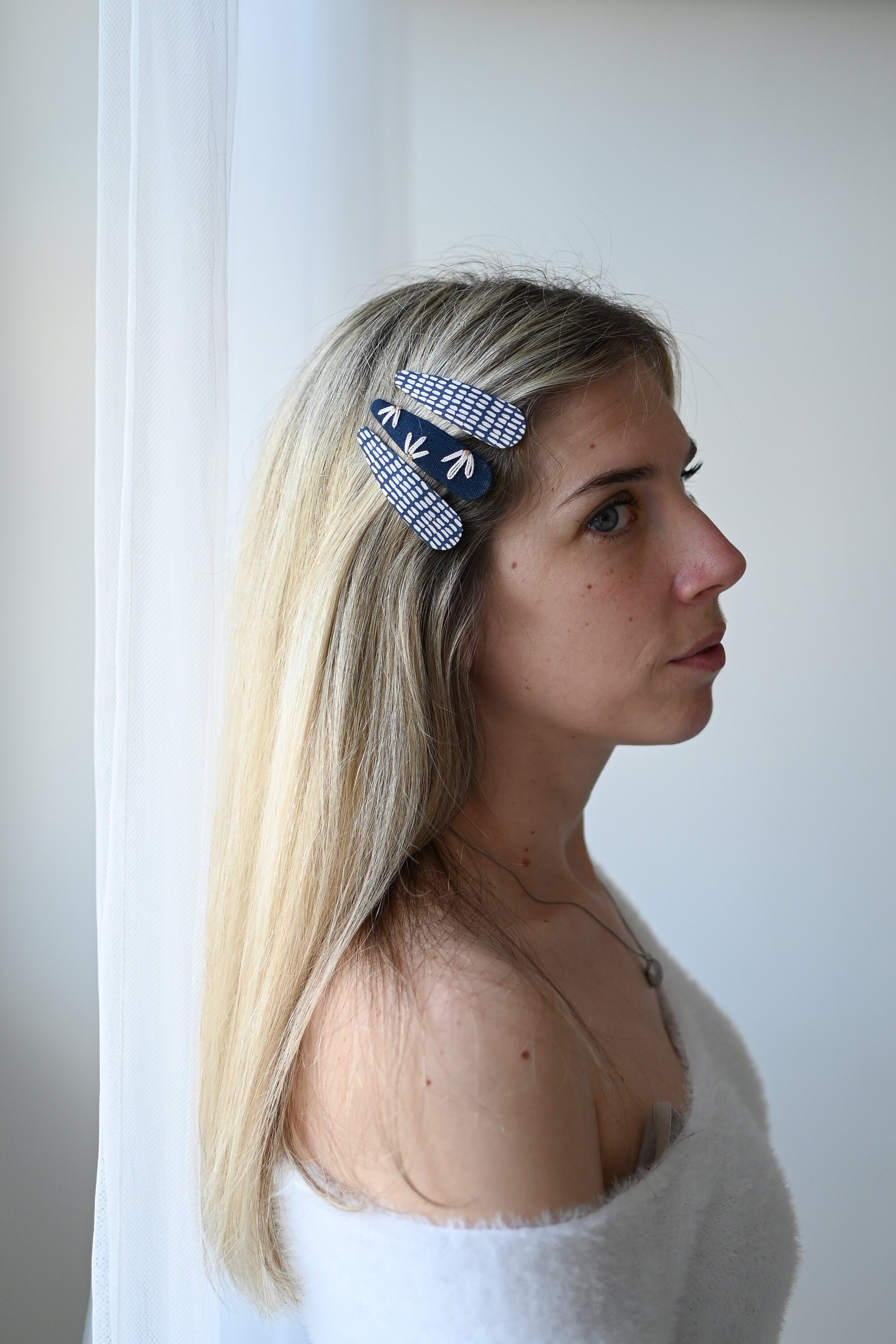 Bloom Dark Navy Blue Snap Clips, White Polka Dots Linen Soft Fabric ...