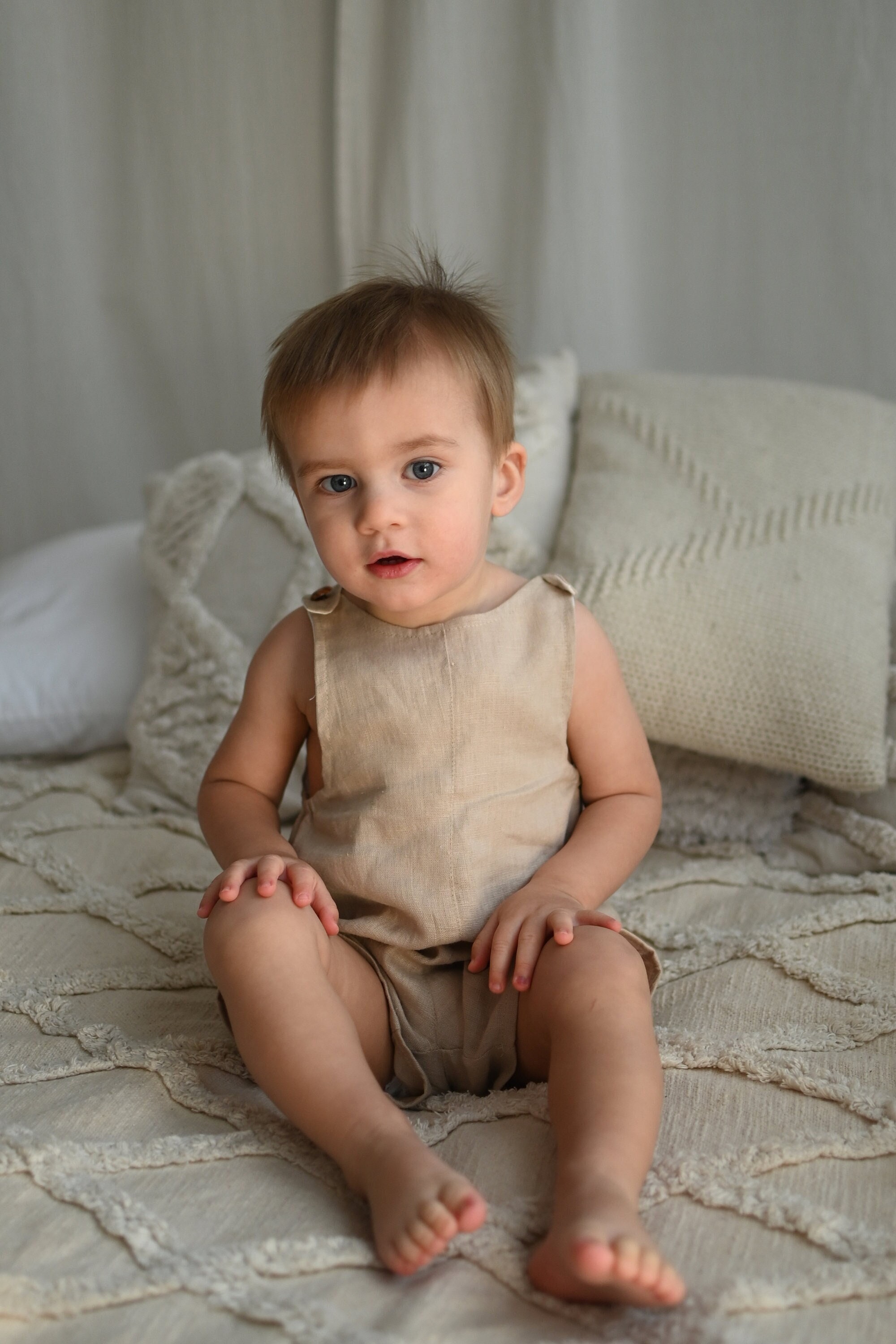Beige Boy Linen Romper, 100% Linen Classic Timeless Overalls, Unisex ...