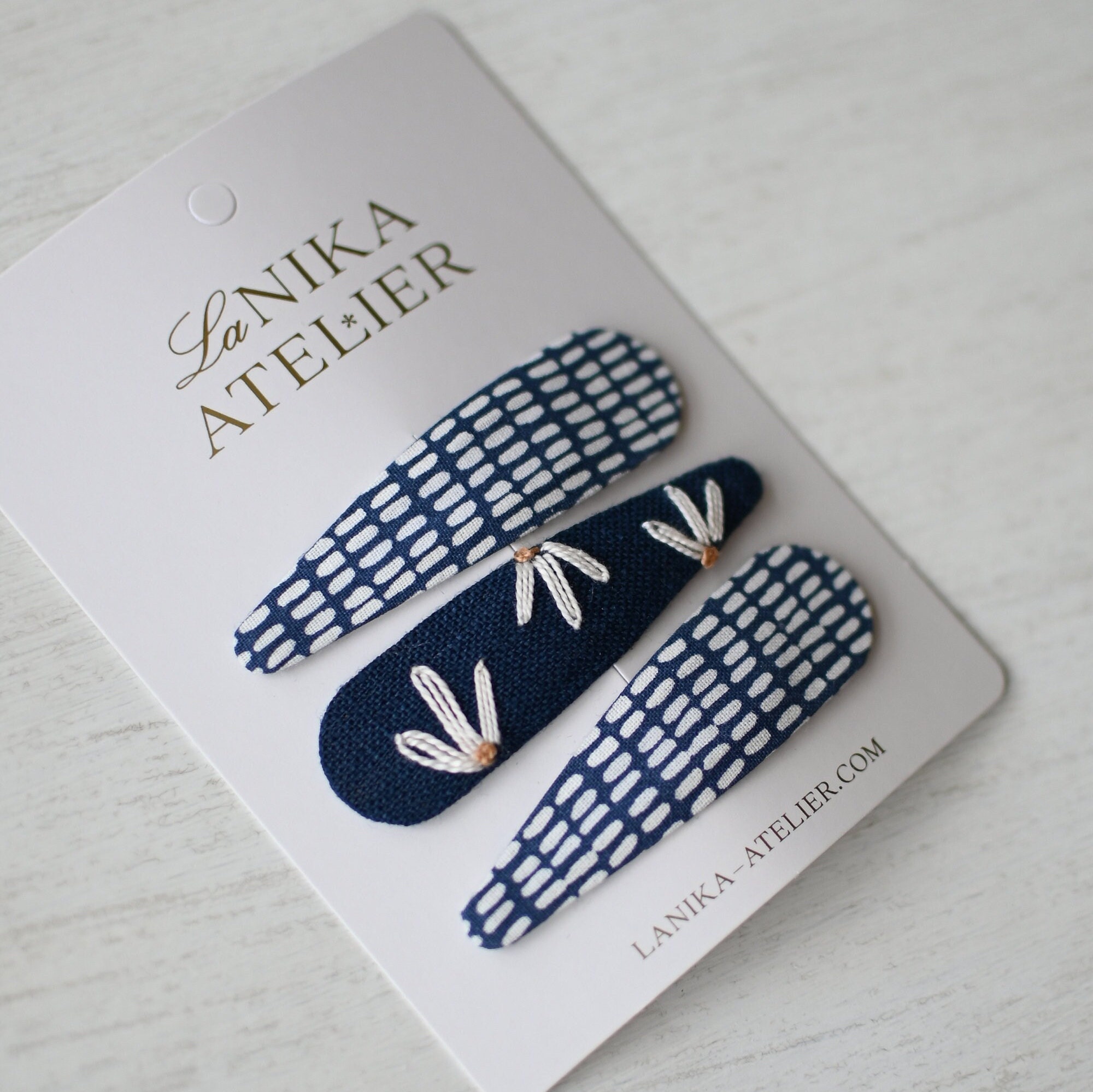 Bloom Dark Navy Blue Snap Clips, White Polka Dots Linen Soft Fabric ...