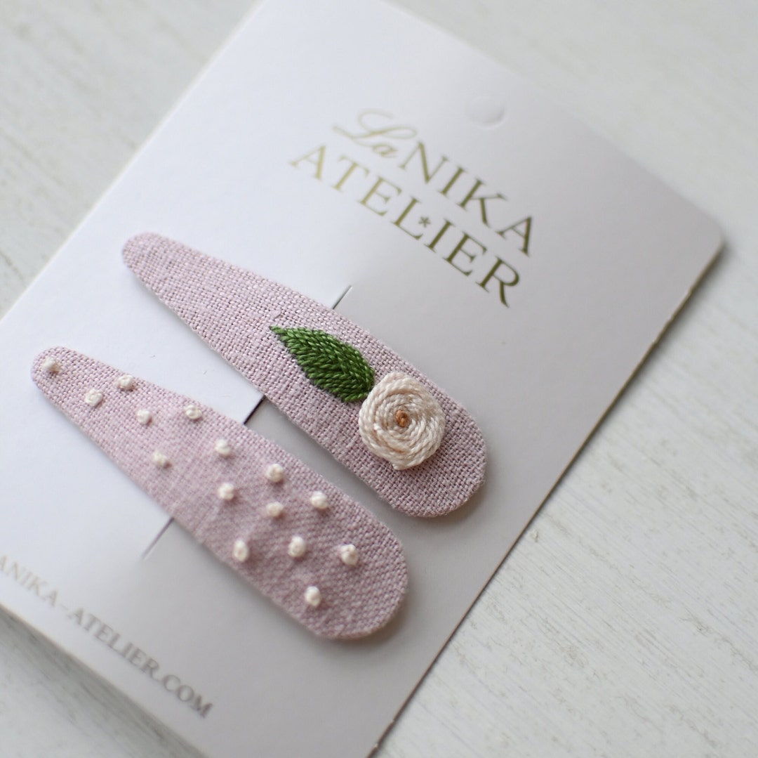 Set of 2 Pink Hair Clips, Pink Rose Flower and Green Leaf Hand ...