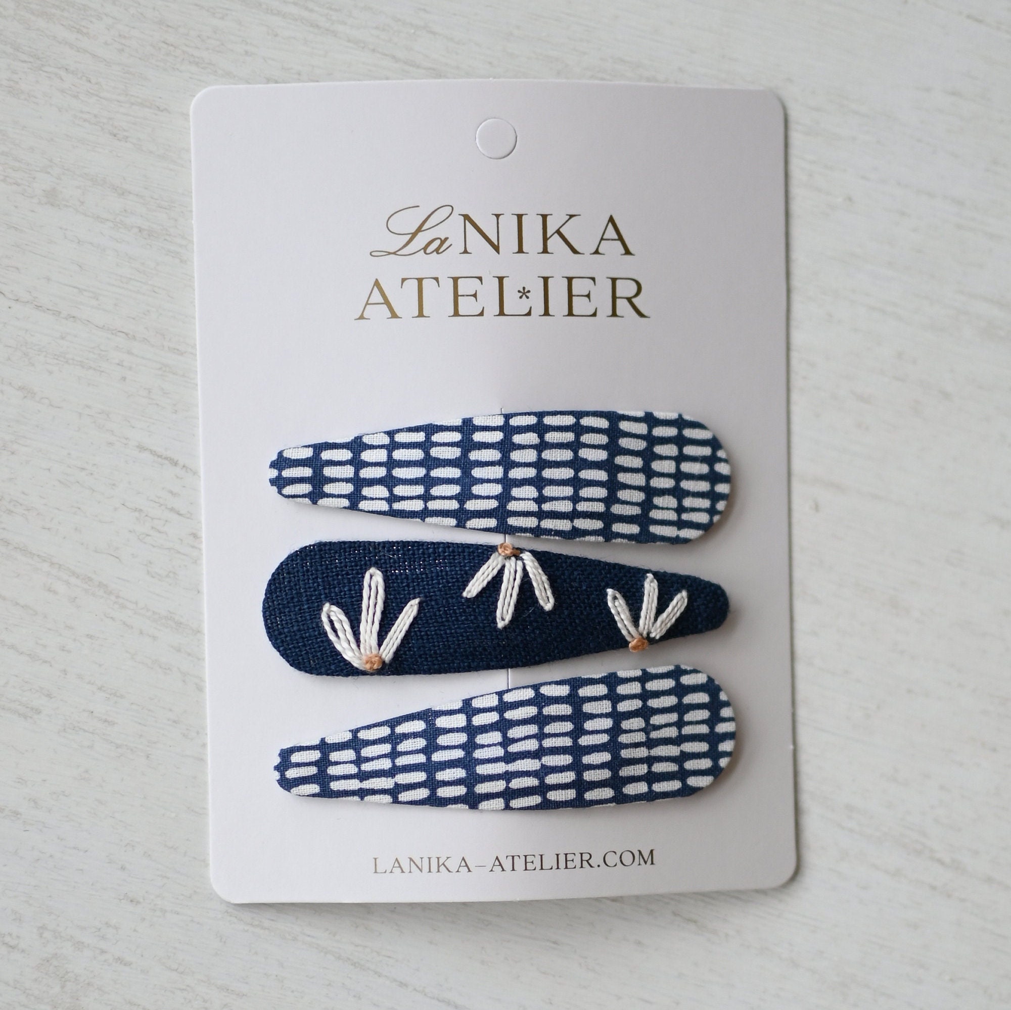 Bloom Dark Navy Blue Snap Clips, White Polka Dots Linen Soft Fabric ...