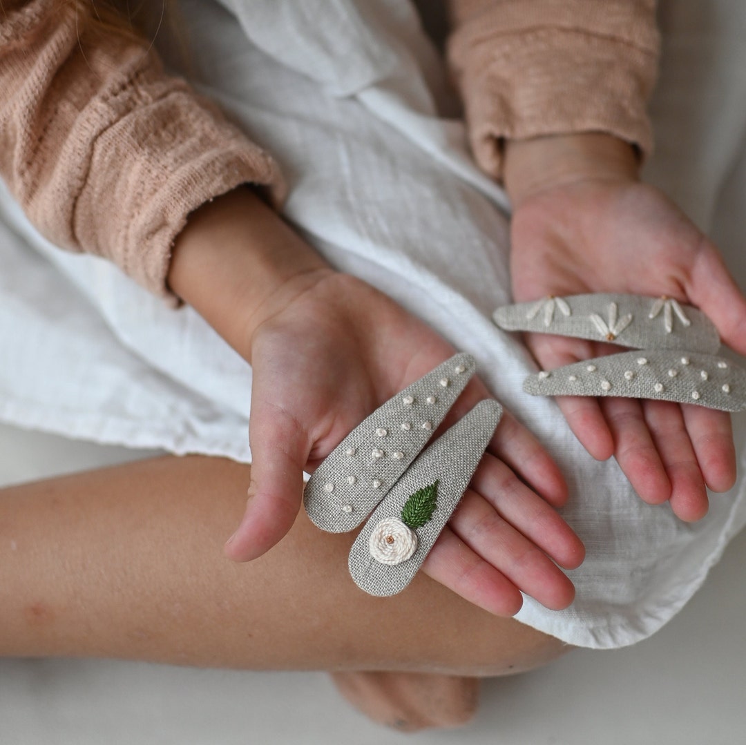 Grey Linen Floral Hand Embroidered Hair Clips, 7cm Rose Embroidery Snap ...