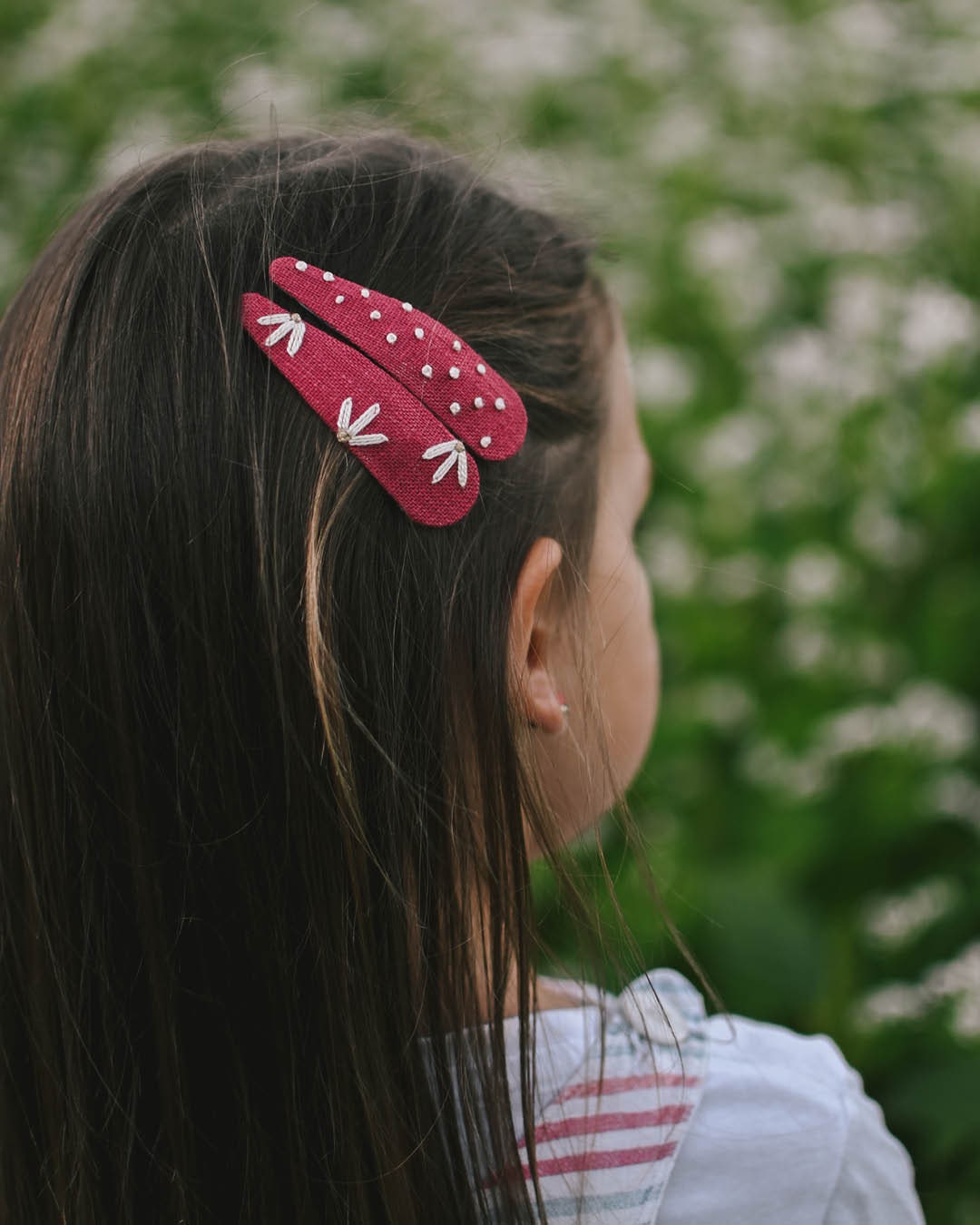 Raspberry Pink Bloom + Dots Hand Embroidery Hair Snap Clips, Hair Clips ...