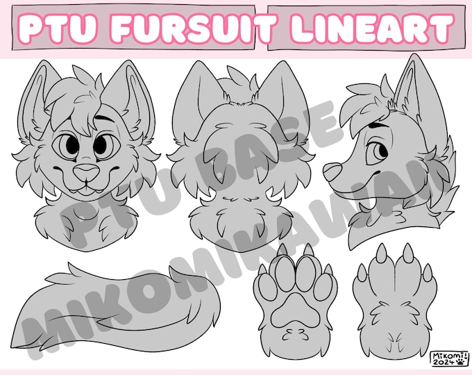Fursuit Partial Ref Sheet Lineart , PTU Furry Art Base, Cat, Dog, Wolf ...