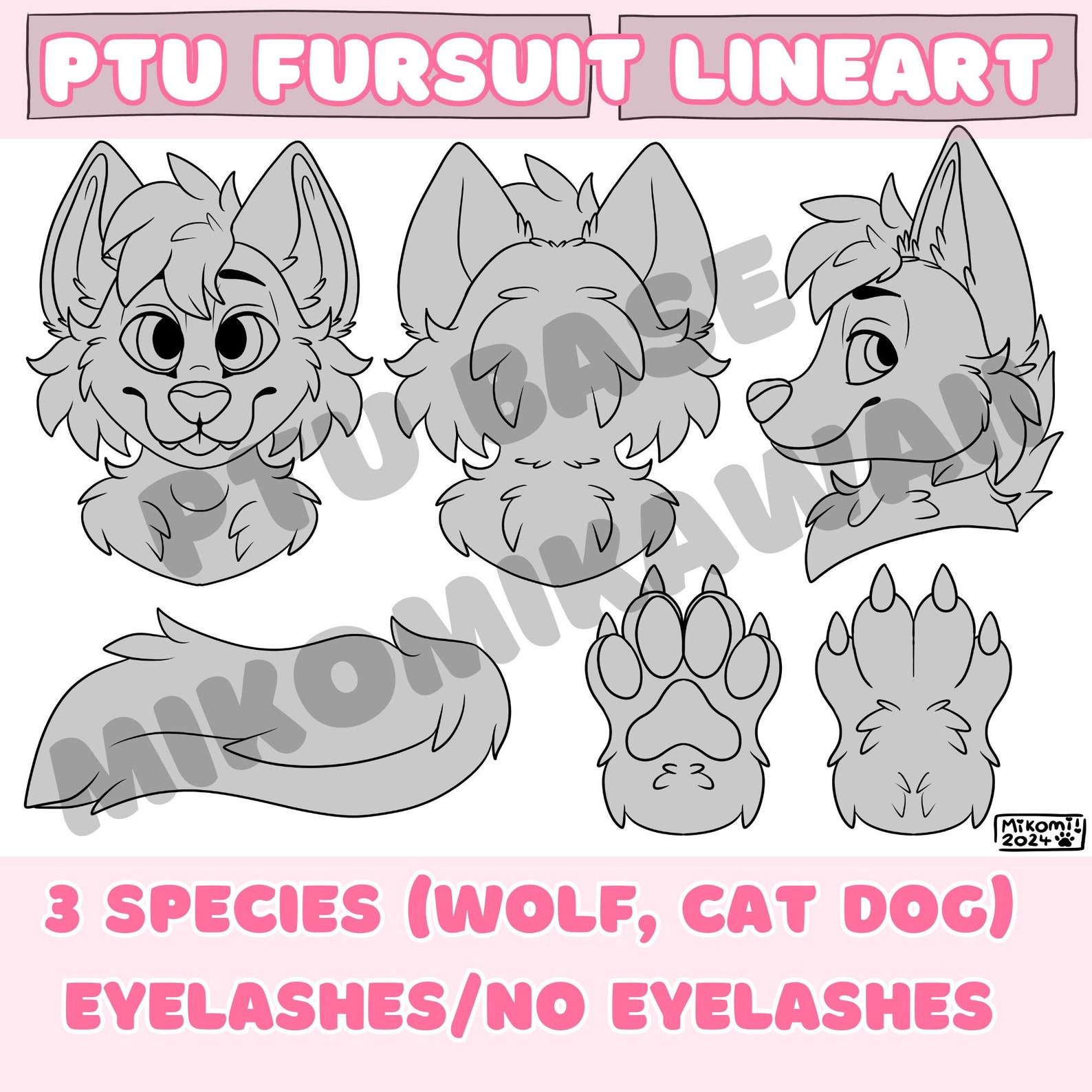 Fursuit Partial Ref Sheet Lineart , PTU Furry Art Base, Cat, Dog, Wolf ...