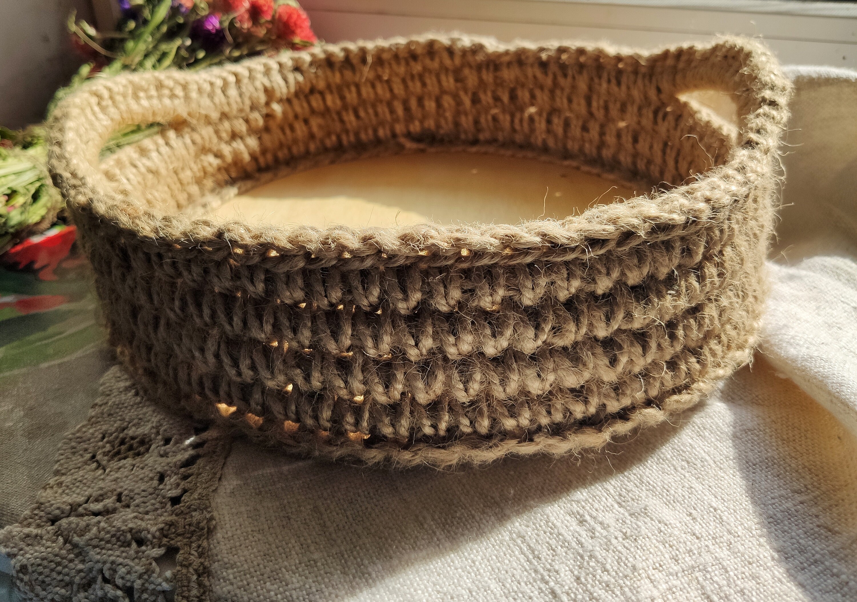 Round Crochet Decorative Tray With Handles Small Jute Basket - Etsy