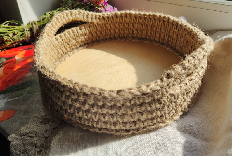 Round Crochet Decorative Tray With Handles Small Jute Basket - Etsy