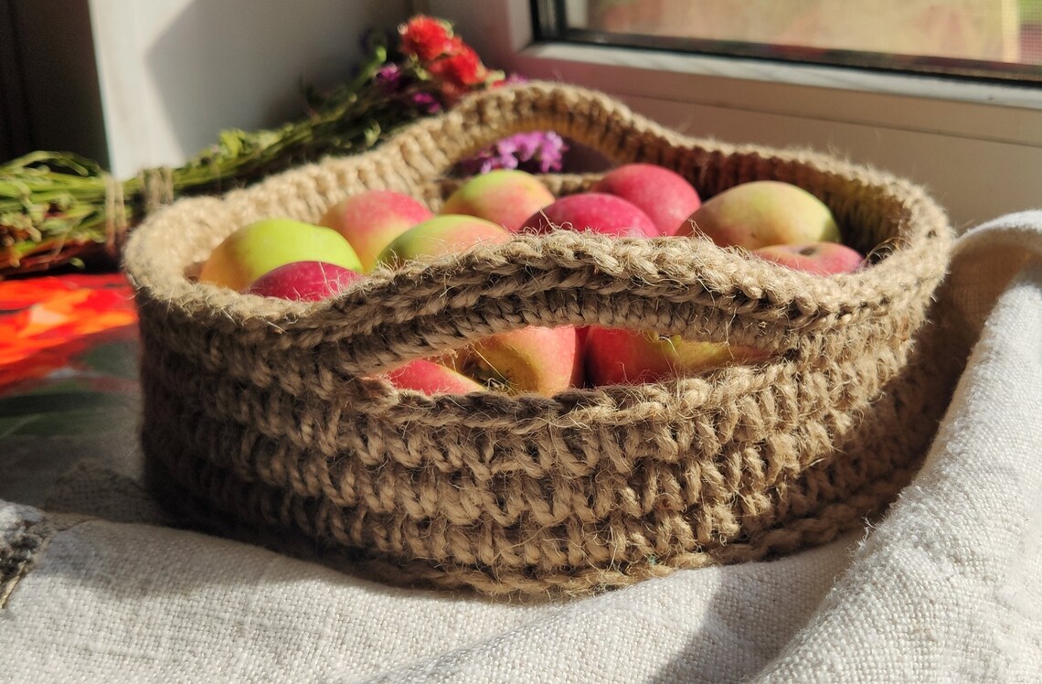 Round Crochet Decorative Tray With Handles Small Jute Basket - Etsy