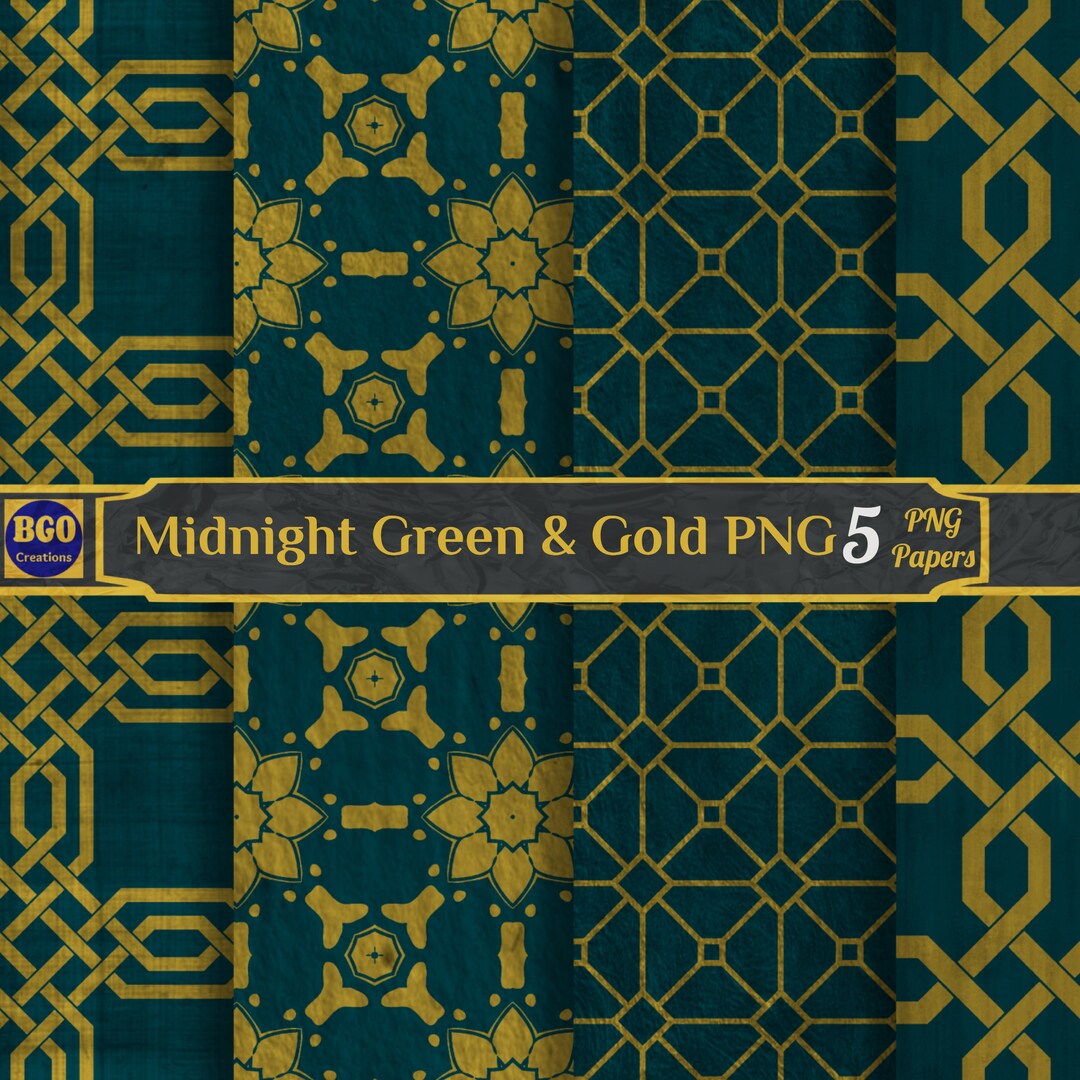 Seamless Midnight Green & Gold Textures PNG Digital Paper Pack, 5 PNG ...