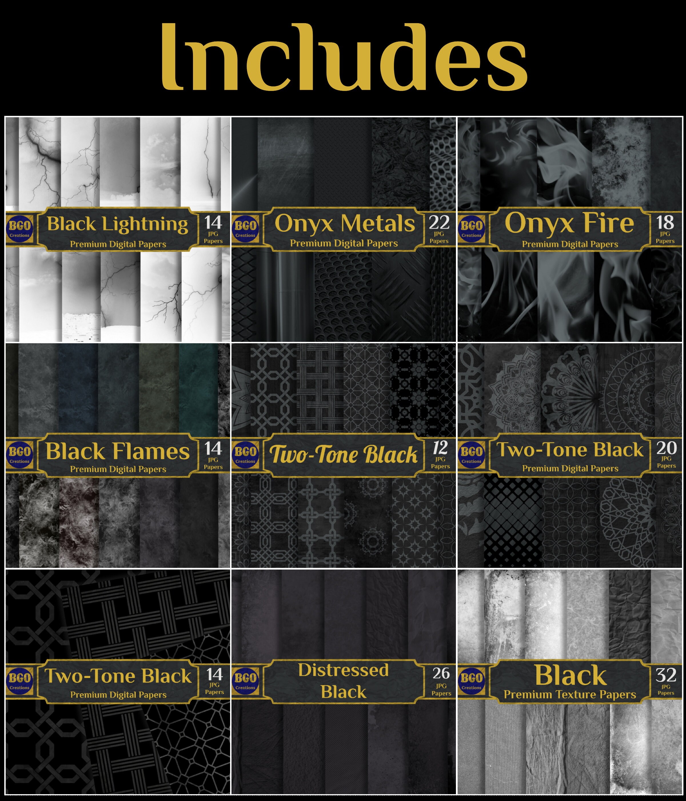 Black Digital Paper Bundle, 239 JPG Papers, Black Textures, Solids ...