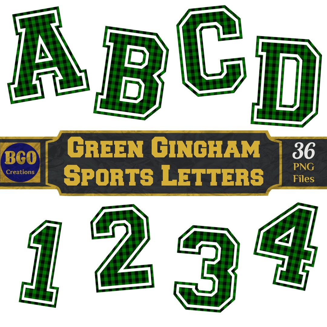 Green Gingham Varsity Sports Alphabet, 26 PNG Letters & 10 Numbers ...