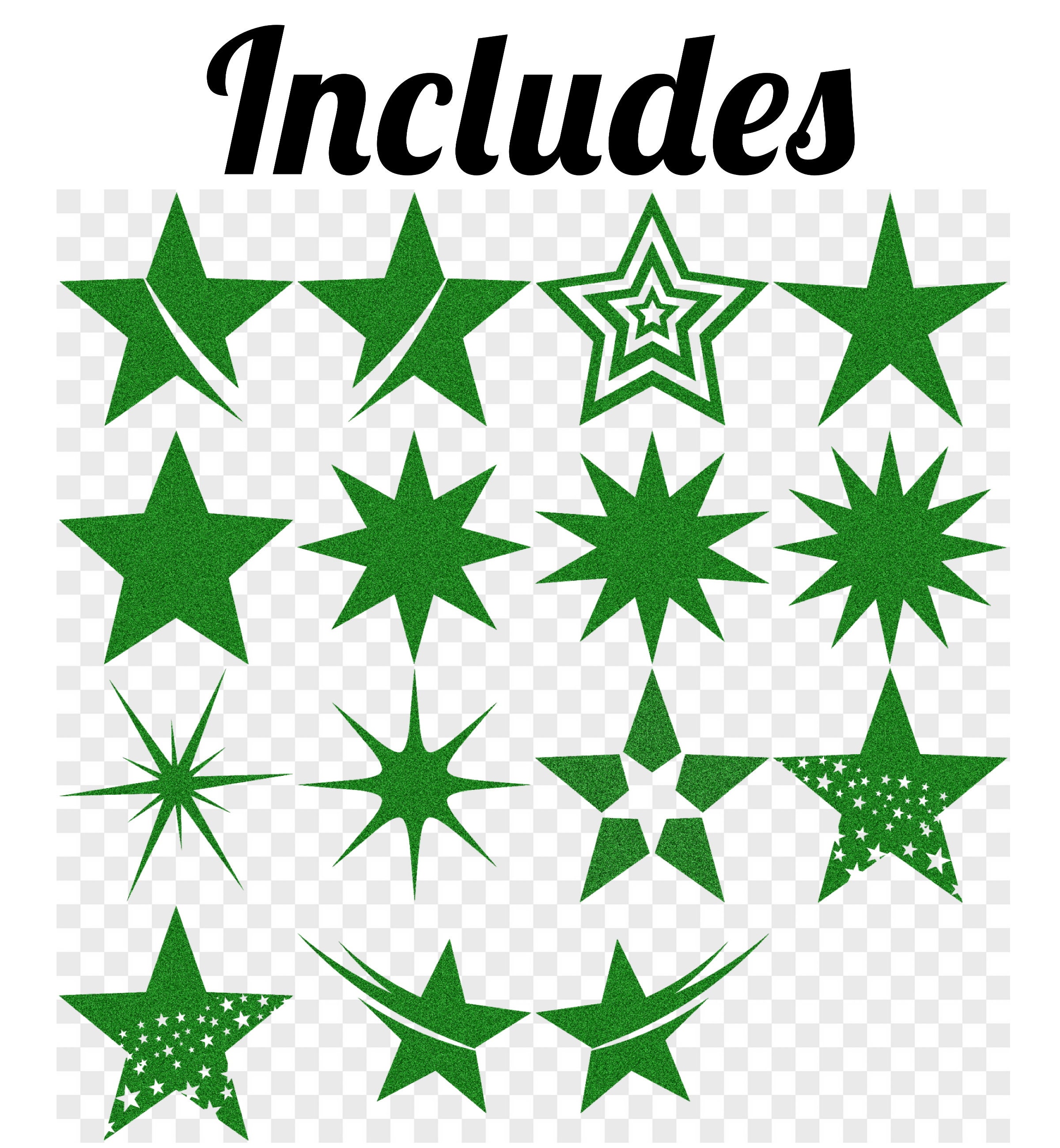 Green Glitter Stars PNG Bundle, 15 Star Images, Printable Stars Clipart ...