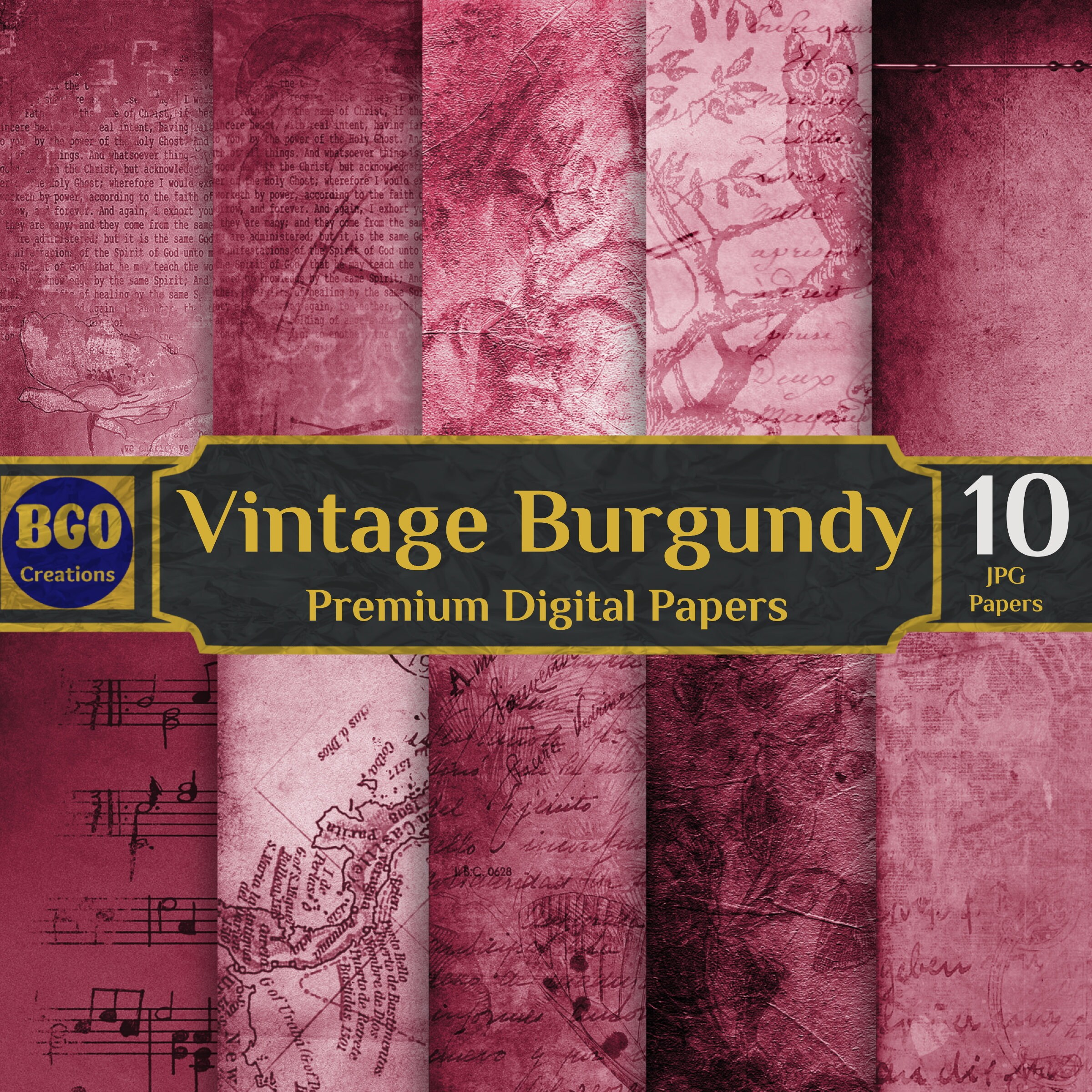 Vintage Burgundy Digital Paper, Vintage Ephemera, Antique Letters, 10 ...