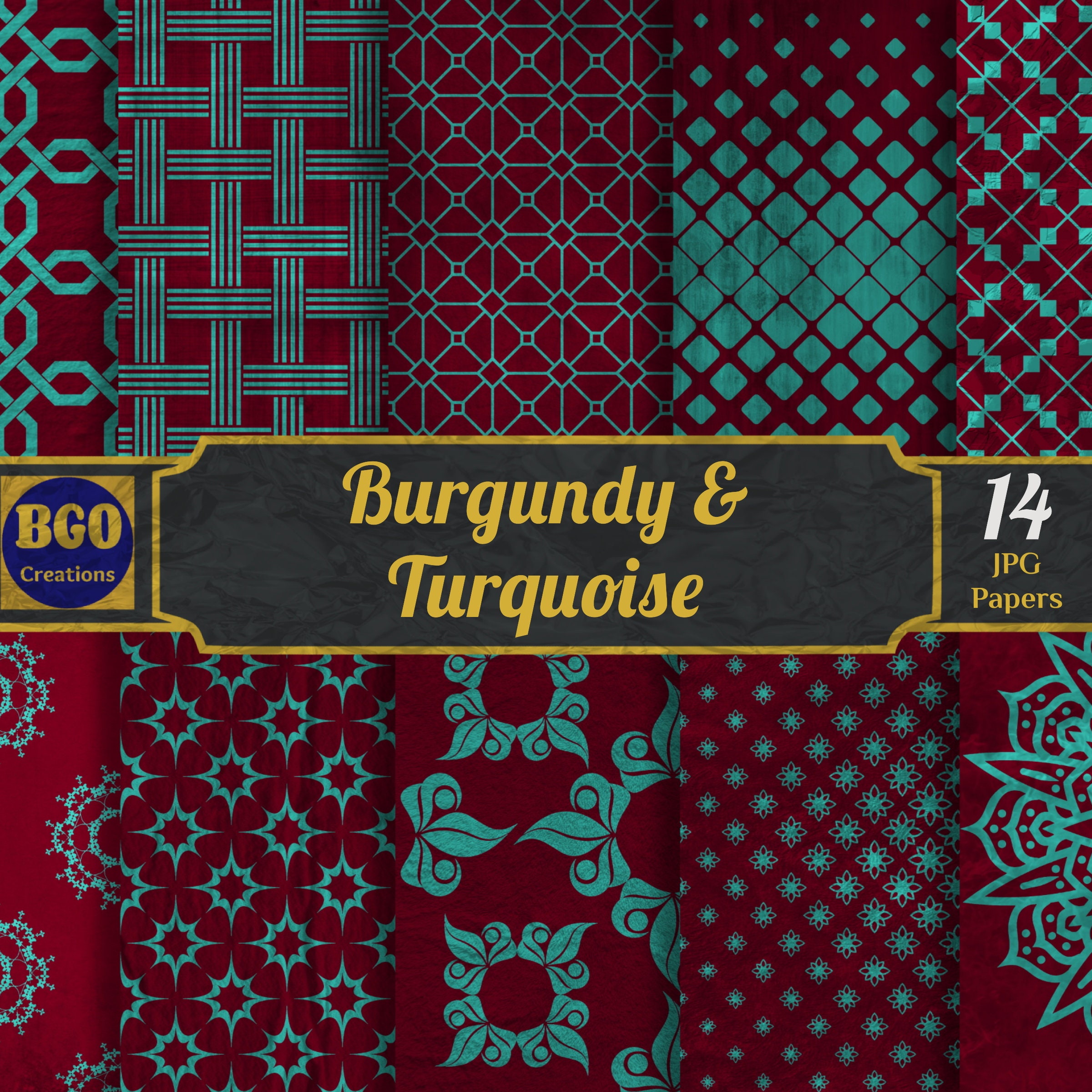 Distressed Burgundy & Turquoise Textures Digital Paper Pack, 14 Ornate ...