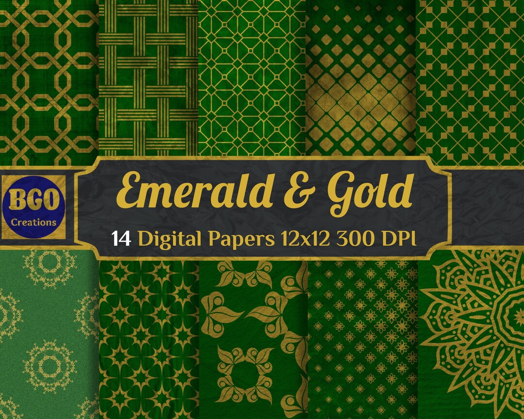 Distressed Emerald Green and Gold Digital Paper Pack, 14 Ornate ...