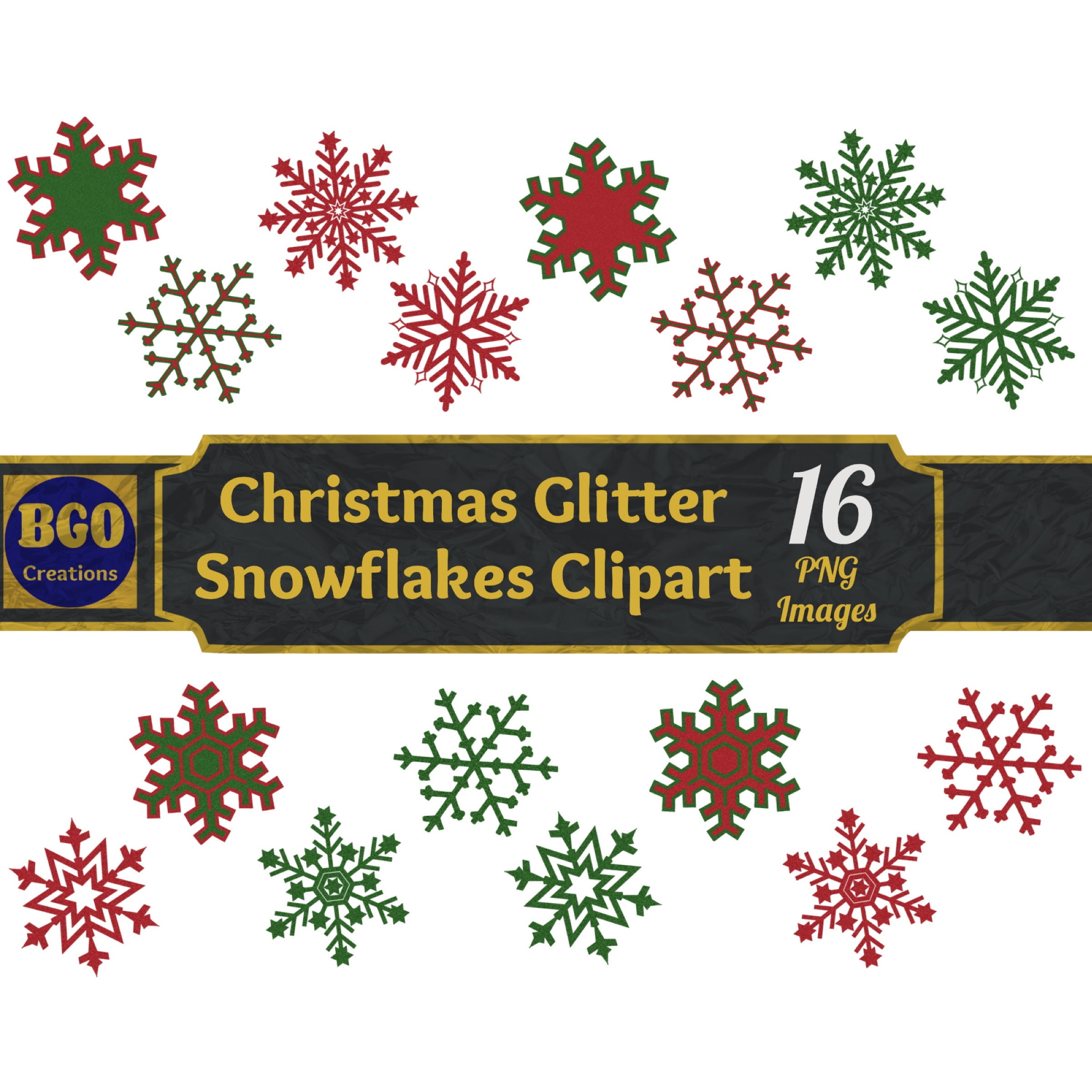 Christmas Glitter Snowflakes PNG Bundle, 16 Snowflake Images, Printable ...
