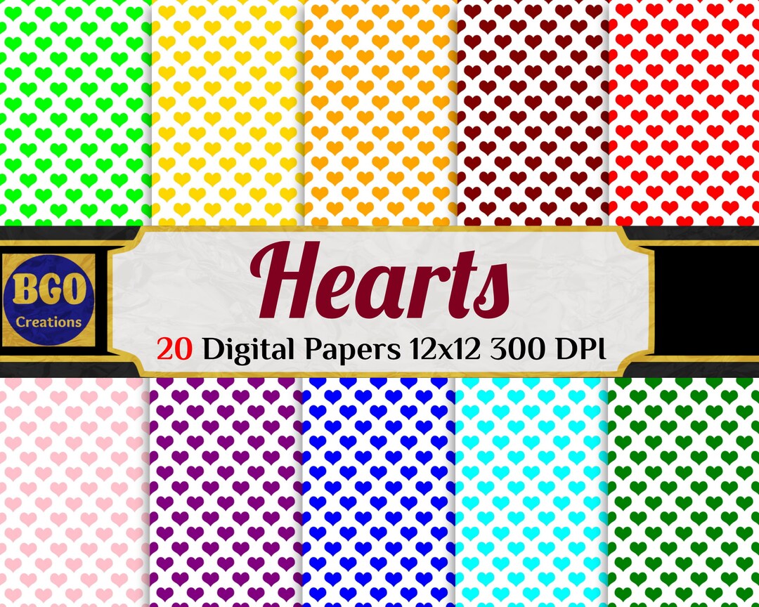 20 Essential Colors Seamless Hearts Digital Paper Pack, 20 Heart ...