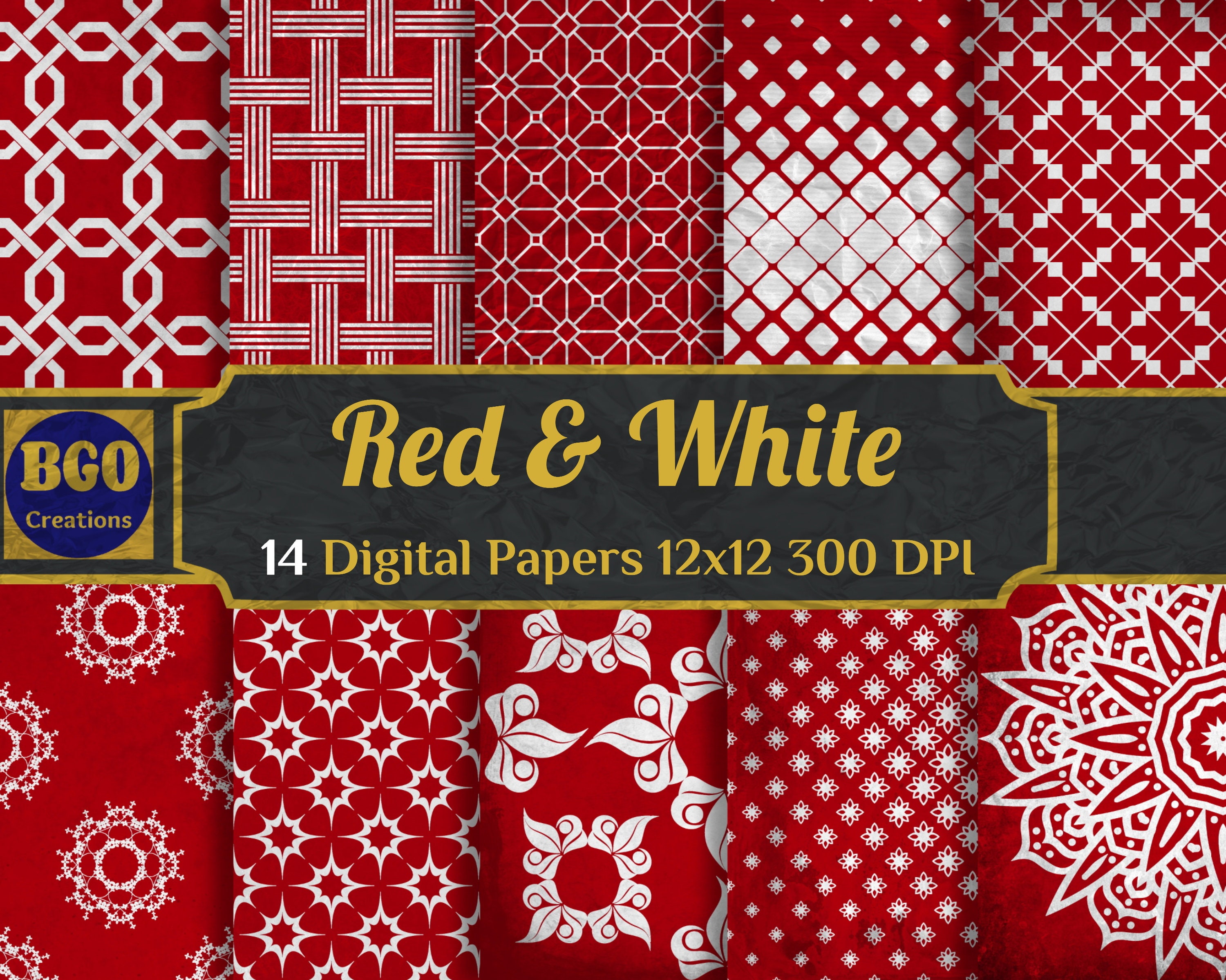 Distressed Red and White Textures Digital Paper Pack, 14 Ornate ...