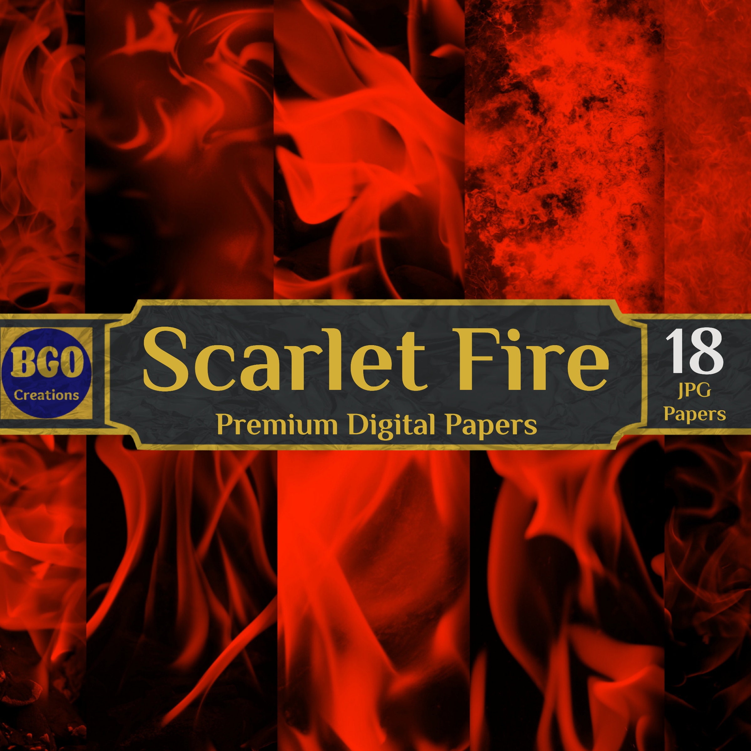 Scarlet Fire Digital Paper Pack, 18 Textured Scrapbooking Red Flames ...