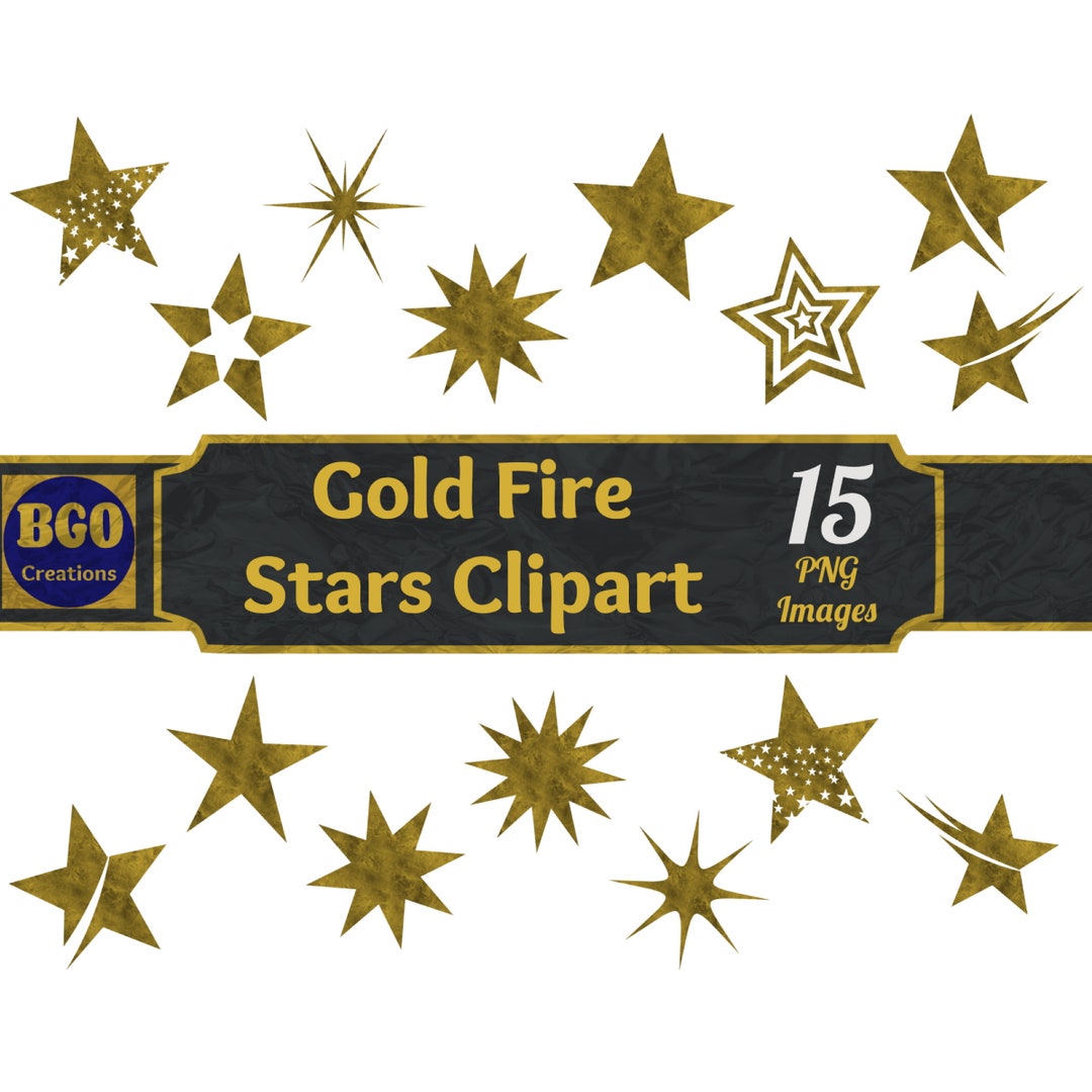 Gold Fire Stars PNG Bundle, 15 Fiery Gold Star Images, Printable Flame ...