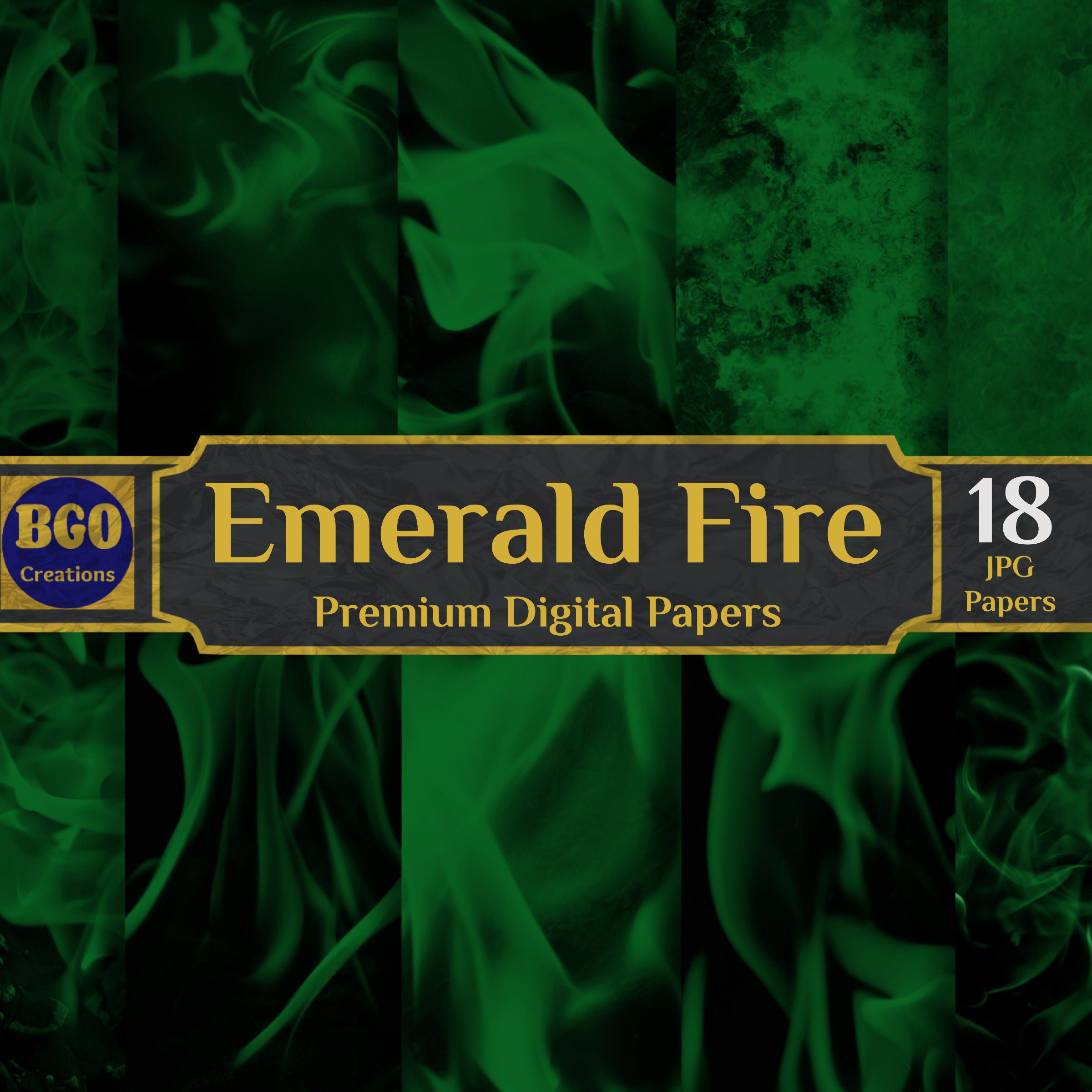 Emerald Fire Digital Paper Pack, 18 Textured Scrapbooking Green Flames Papers, Commercial Use ...