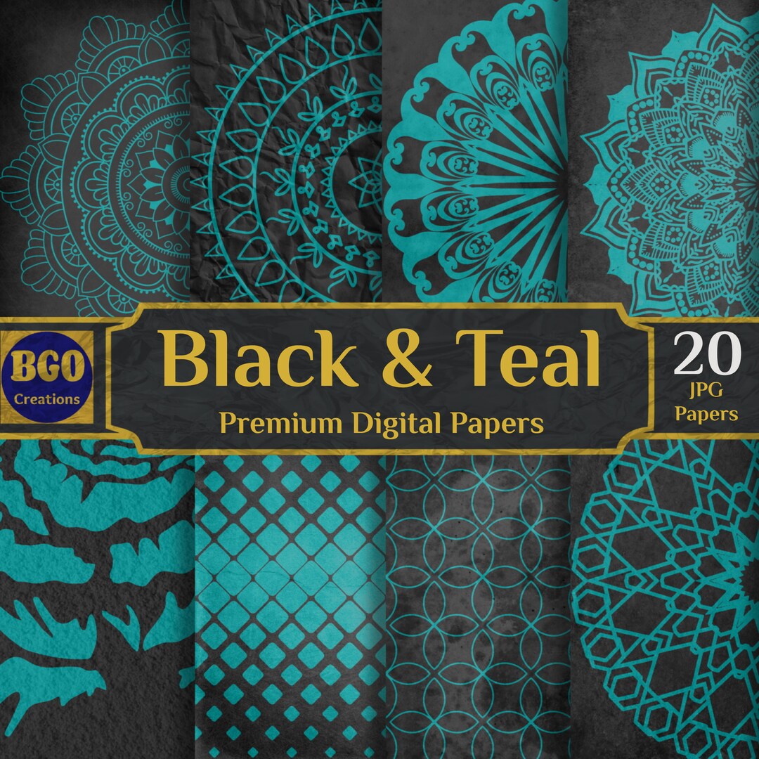 Distressed Black & Teal Textures Digital Paper Pack, 20 Ornate Decorative Sublimation Background ...