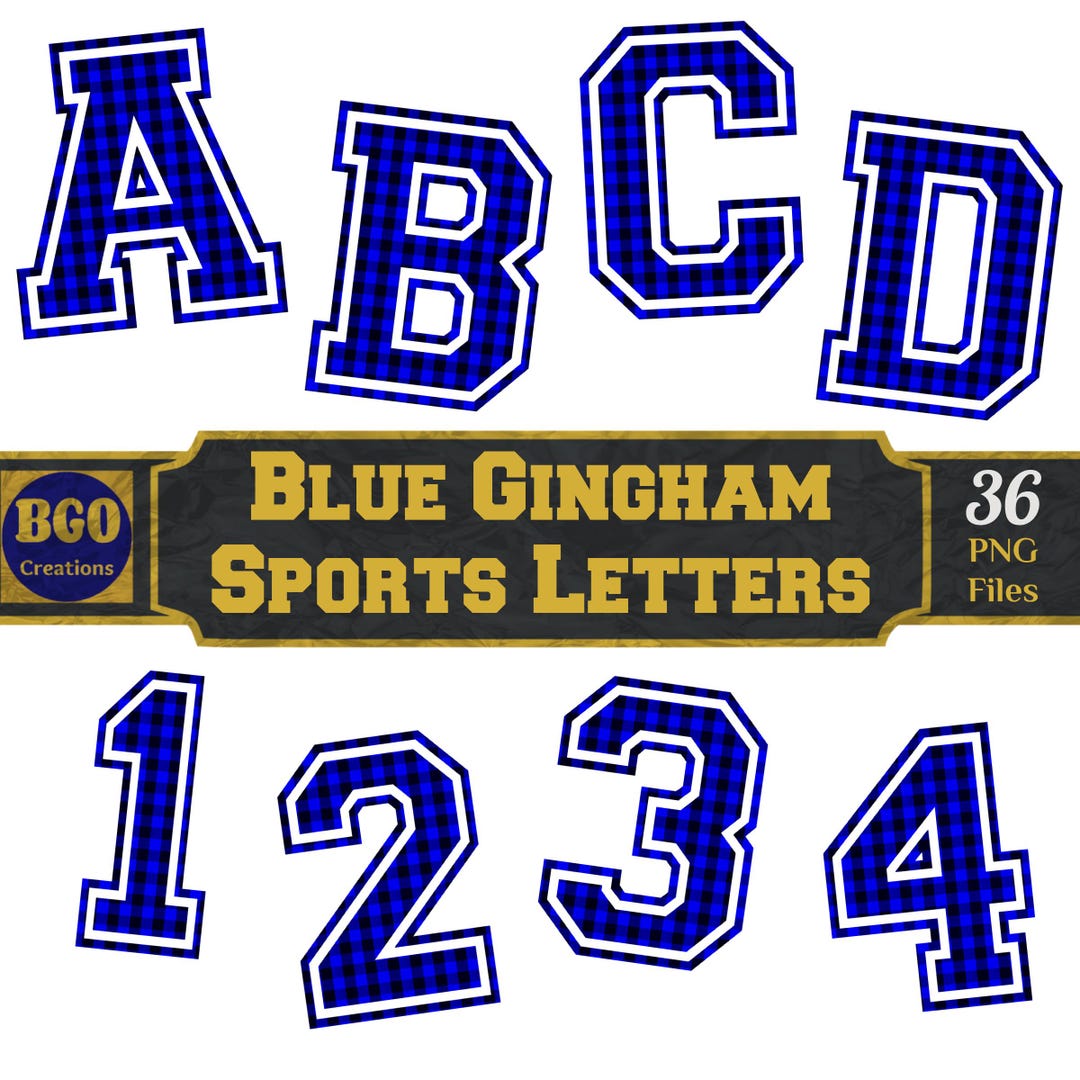 Blue Gingham Varsity Sports Alphabet, 26 PNG Letters & 10 Numbers ...