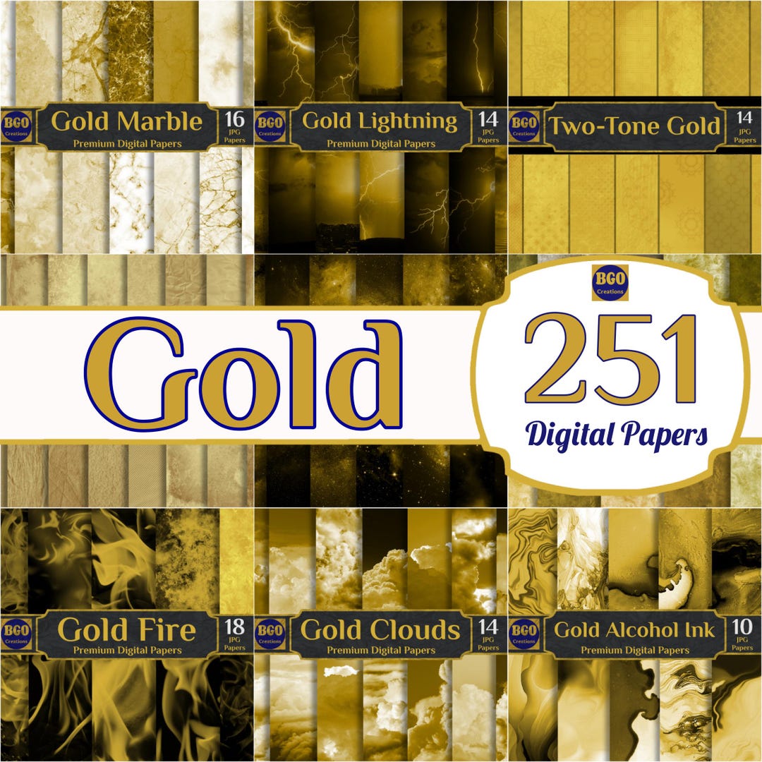 Gold Digital Paper Bundle, 251 JPG Papers, Gold Textures, Solids ...