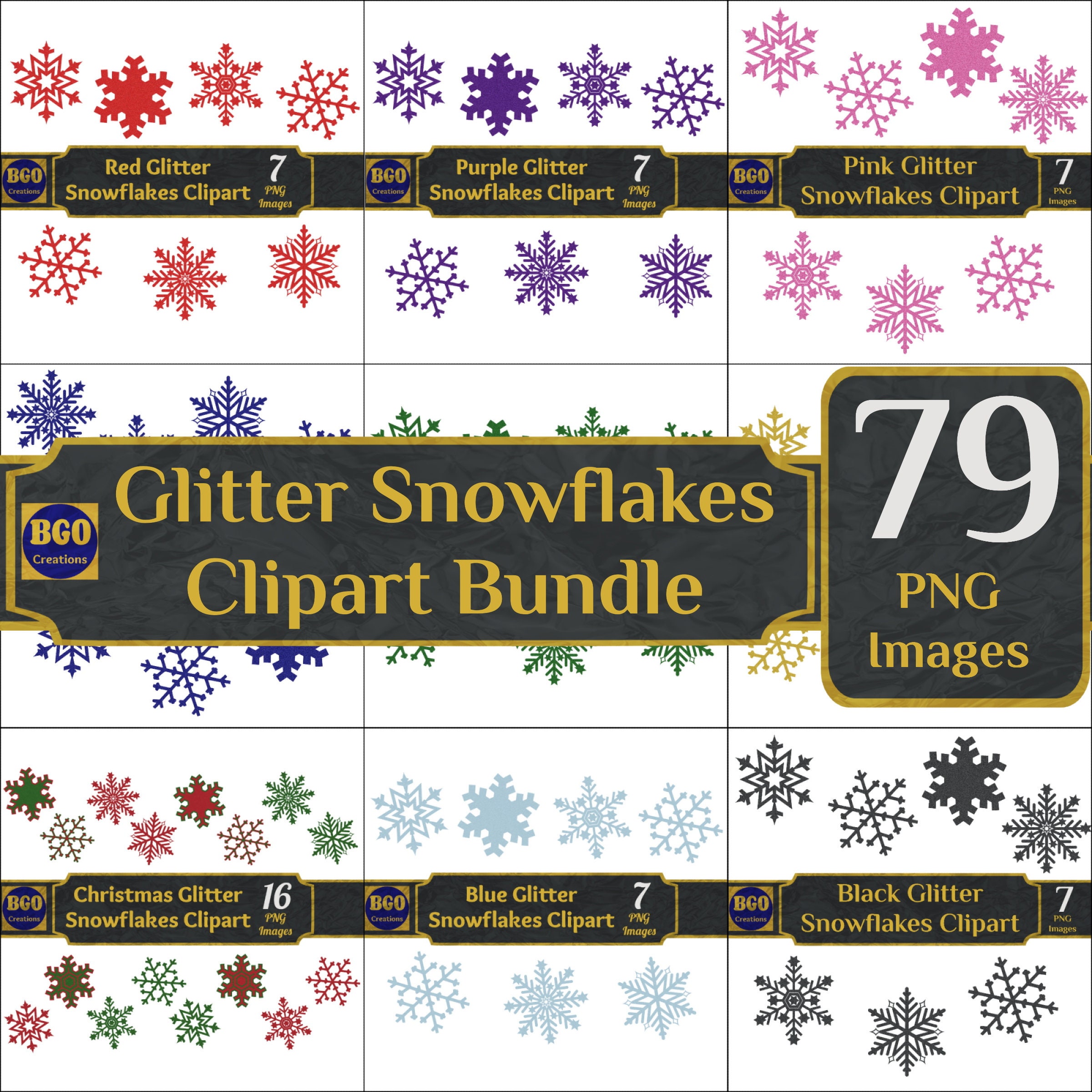 Glitter Snowflakes Clipart Discount Bundle, 79 Snowflake PNG Clip Art ...