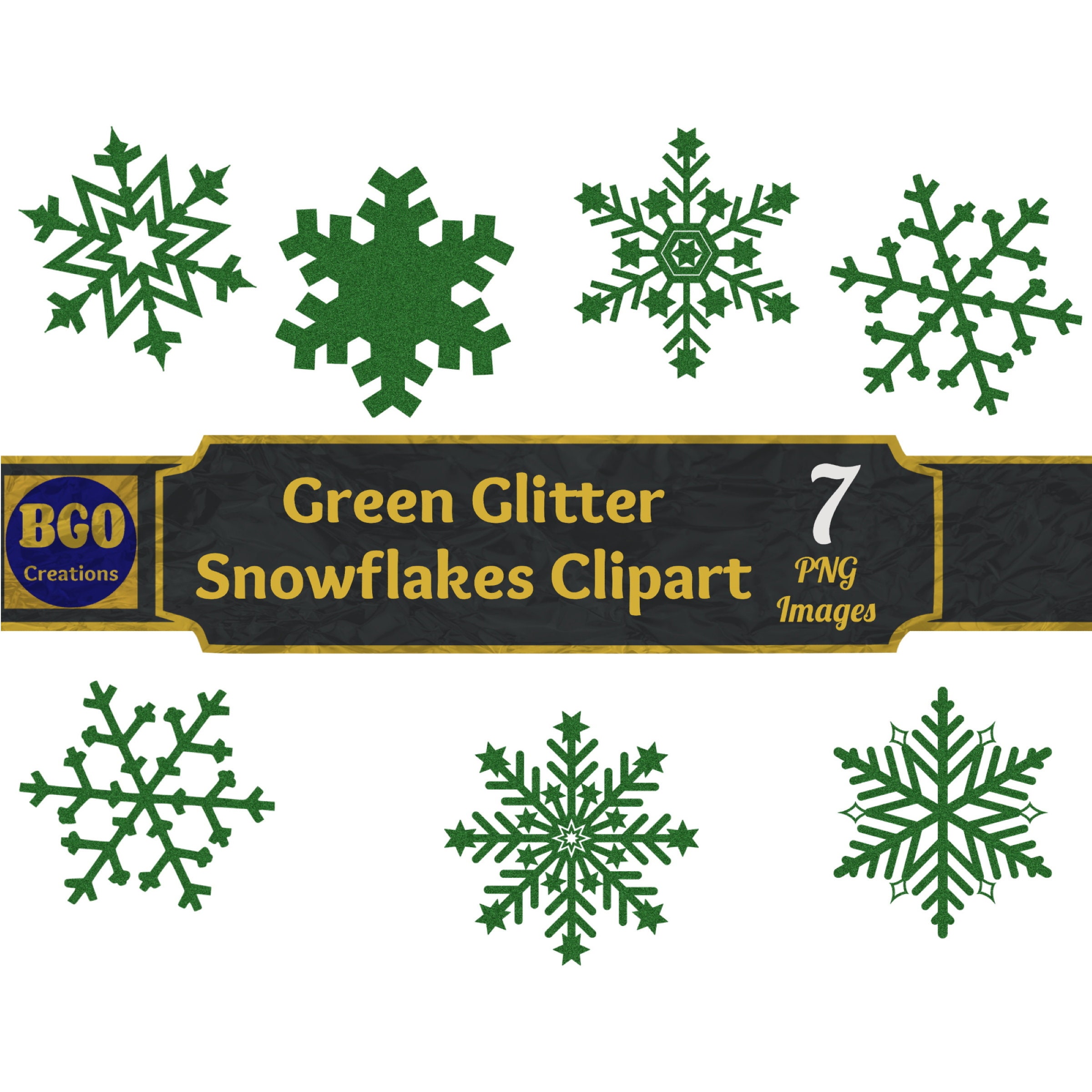 Green Glitter Snowflake PNG Bundle, 7 Snowflake Images, Printable ...