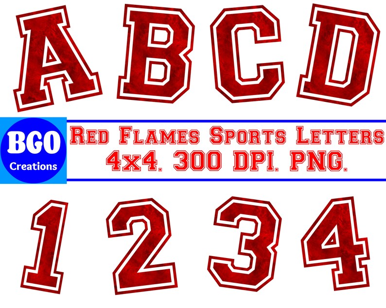 Red Flames Varsity Sports Alphabet 26 PNG Letters & 10 - Etsy