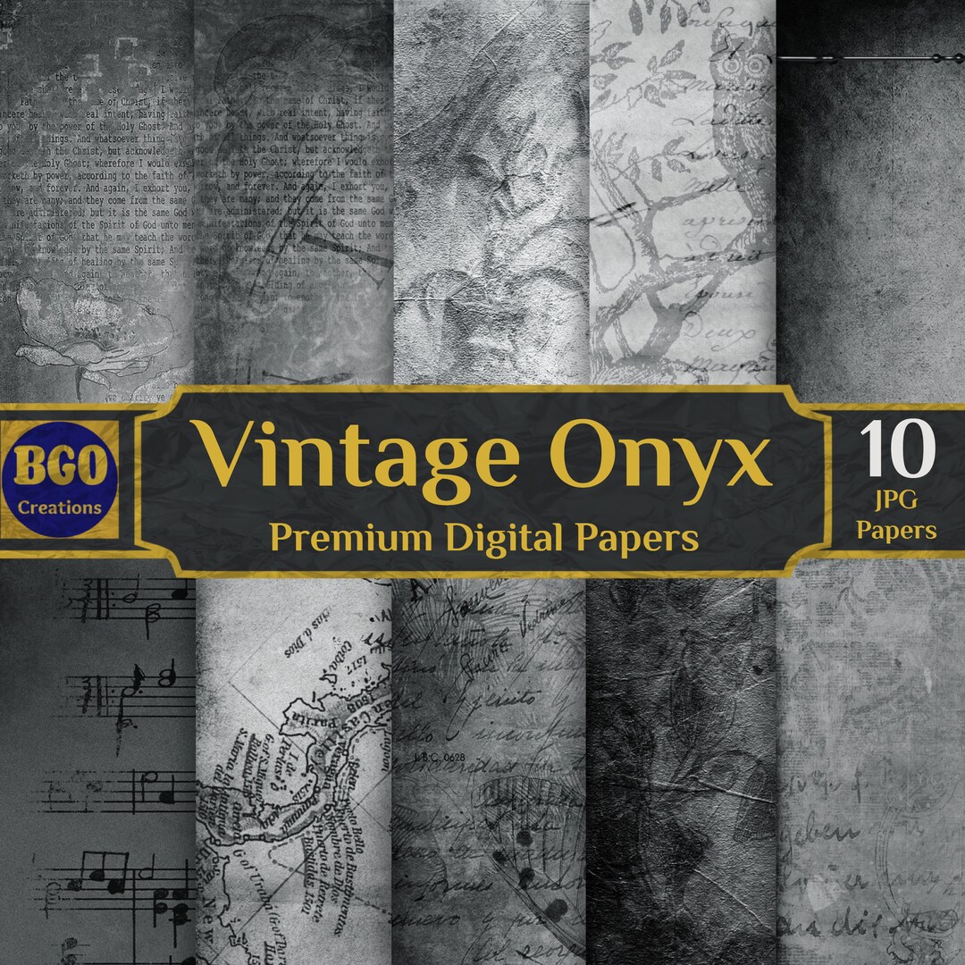 Vintage Onyx Digital Paper, Vintage Ephemera, Antique Letters, 10 Black Scrapbooking Papers ...