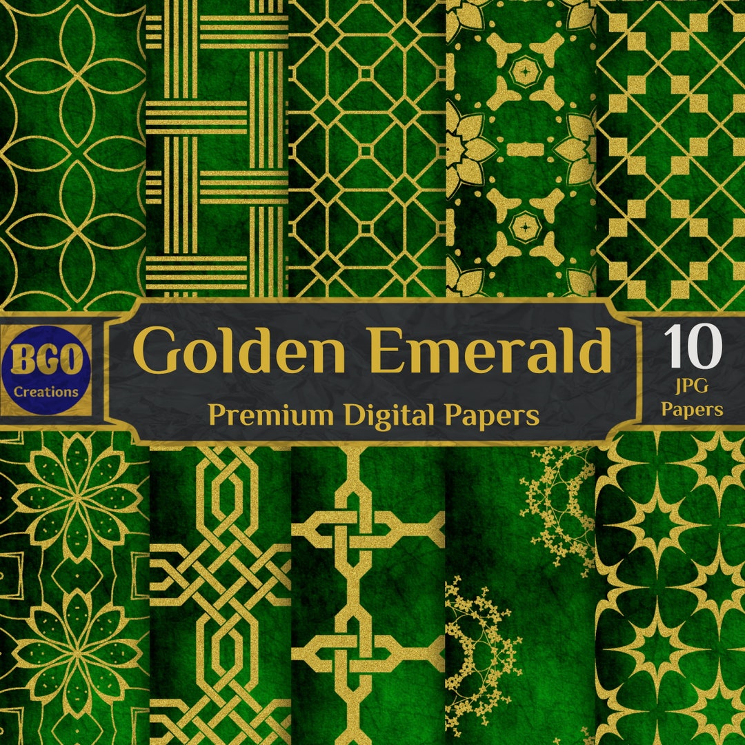 Elegant Glitter Gold on Emerald Digital Paper Pack, 10 Seamless ...