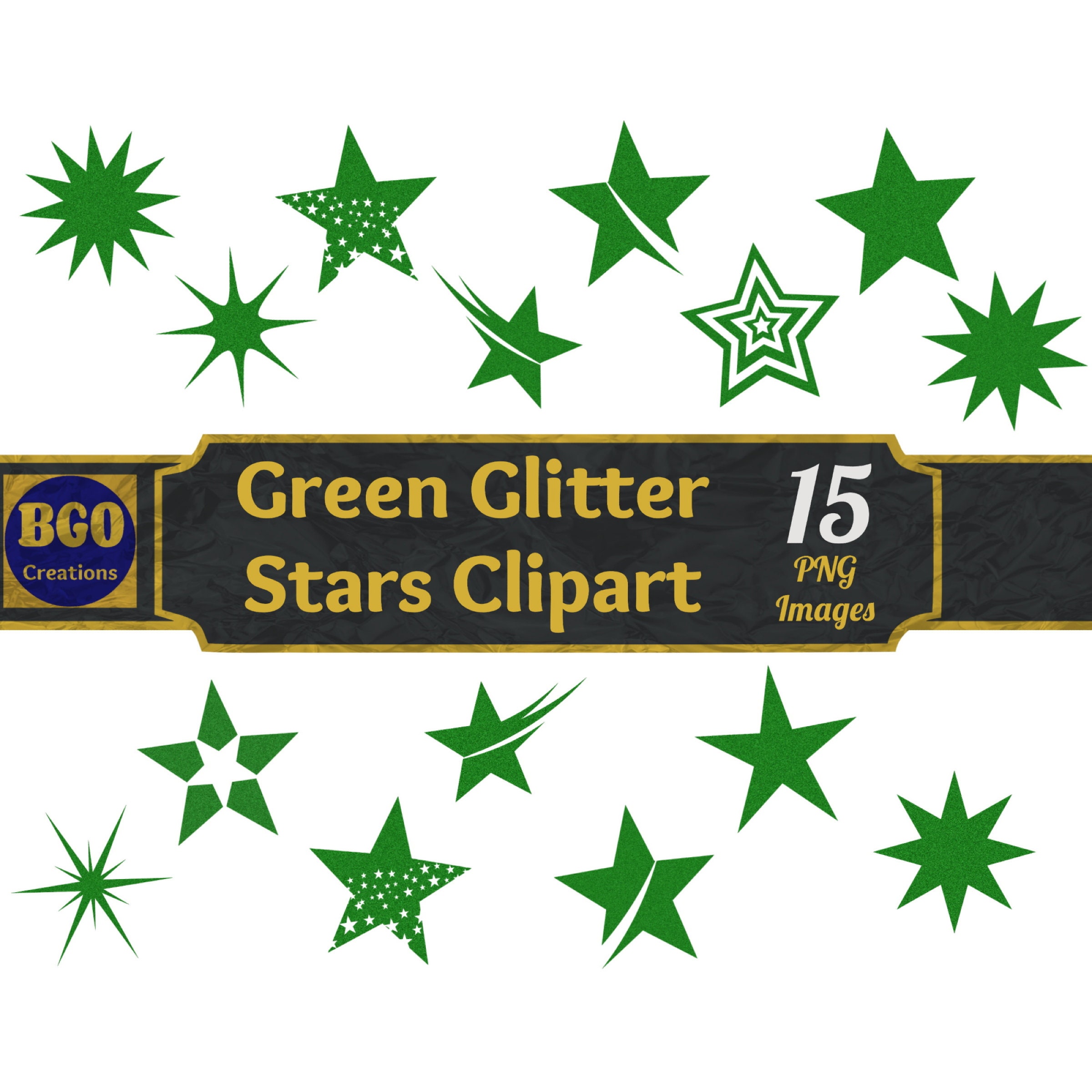 Green Glitter Stars PNG Bundle, 15 Star Images, Printable Stars Clipart ...
