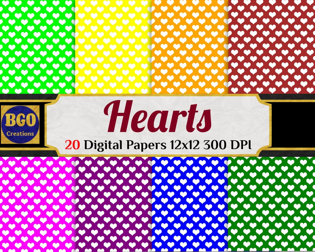 20 Colors Seamless Hearts Digital Paper Pack, 20 White Heart Pattern ...