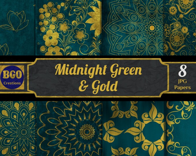 Distressed Green and Gold Digital Paper, Damask Textures (digital ...
