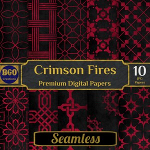 Elegant Fiery Crimson on Black Digital Paper Pack, 10 Seamless Fire ...
