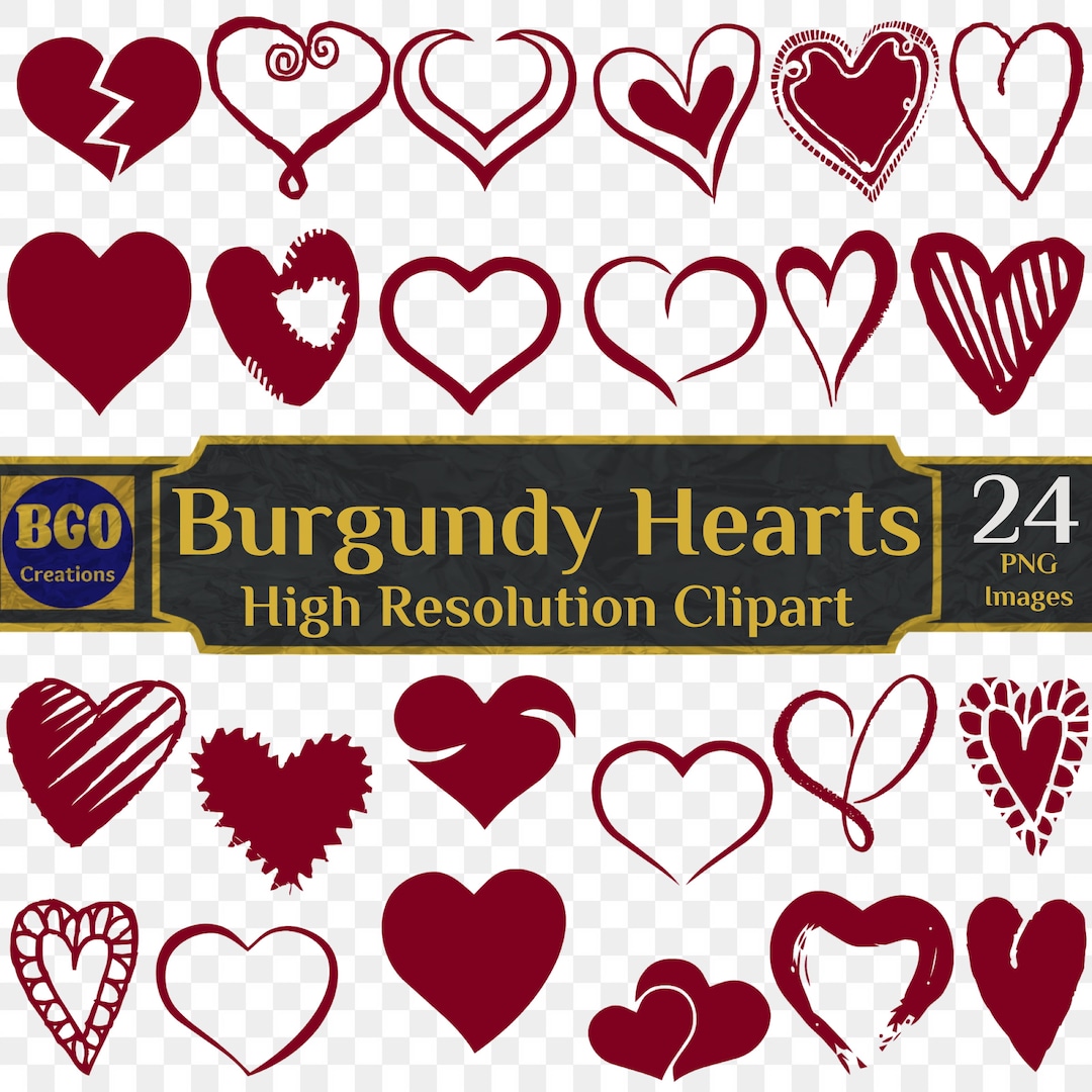 Burgundy Hearts PNG Clipart Bundle, 24 Images, Printable Hearts ...