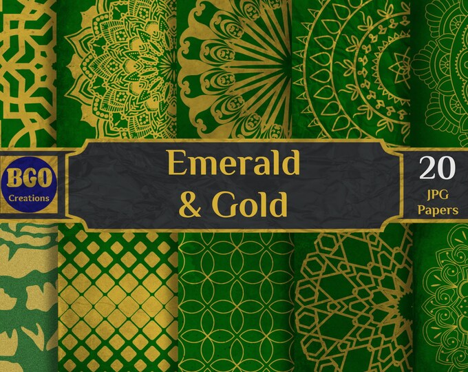 Distressed Green and Gold Digital Paper, Damask Textures (digital ...