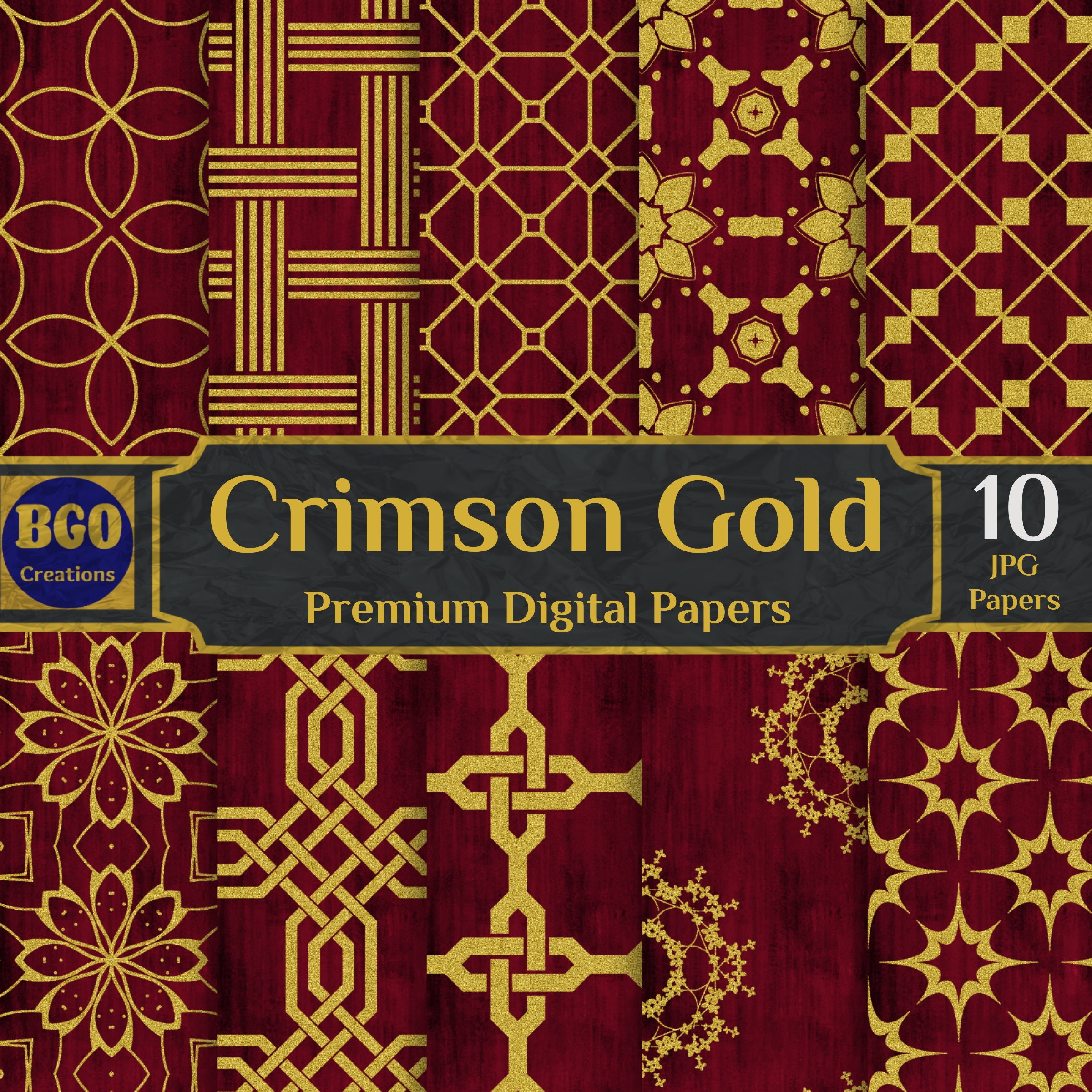 Glitter Gold on Crimson Digital Paper Pack, 10 Seamless Textures ...