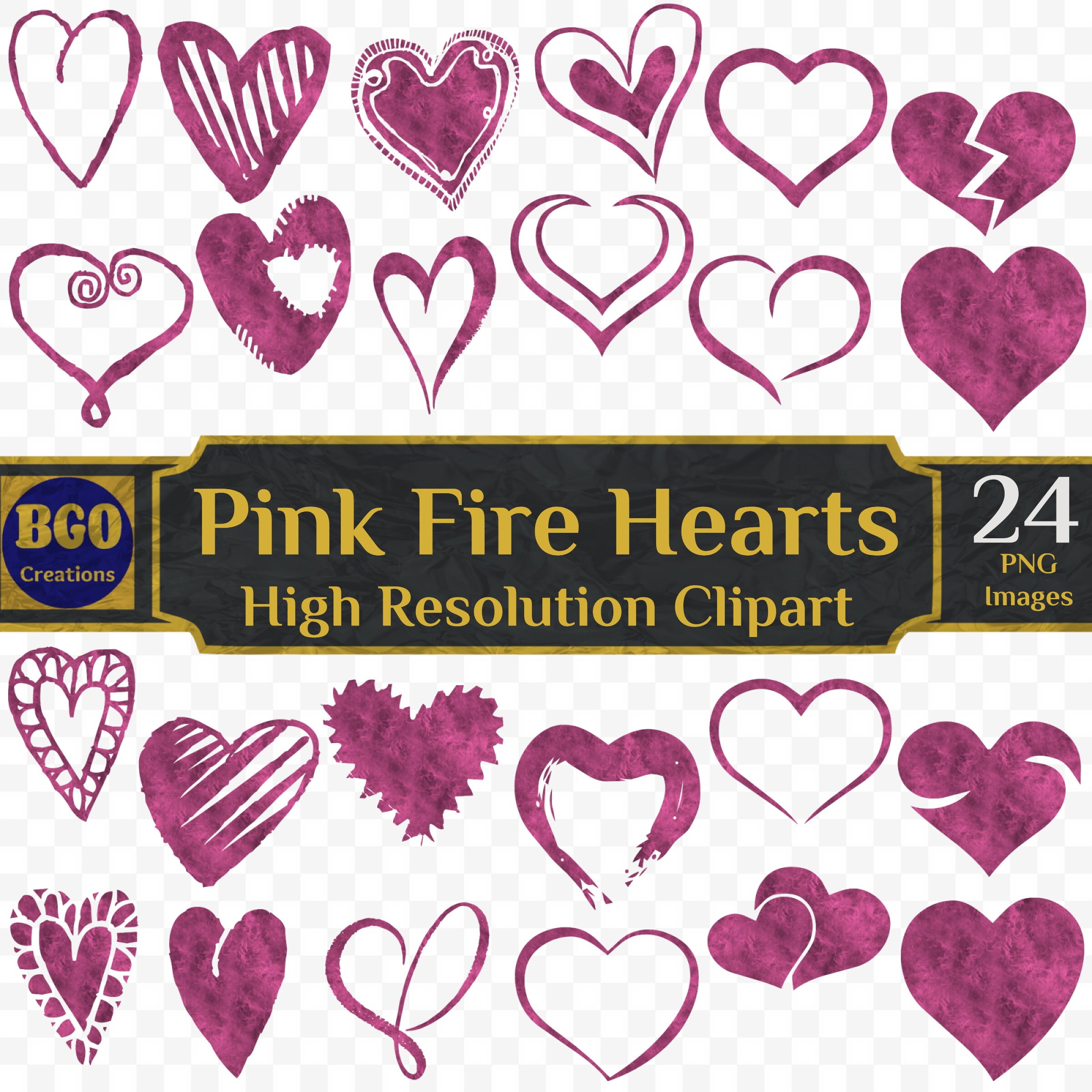 Hot Pink Fire Hearts PNG Clipart Bundle, 24 Images, Printable Hearts ...