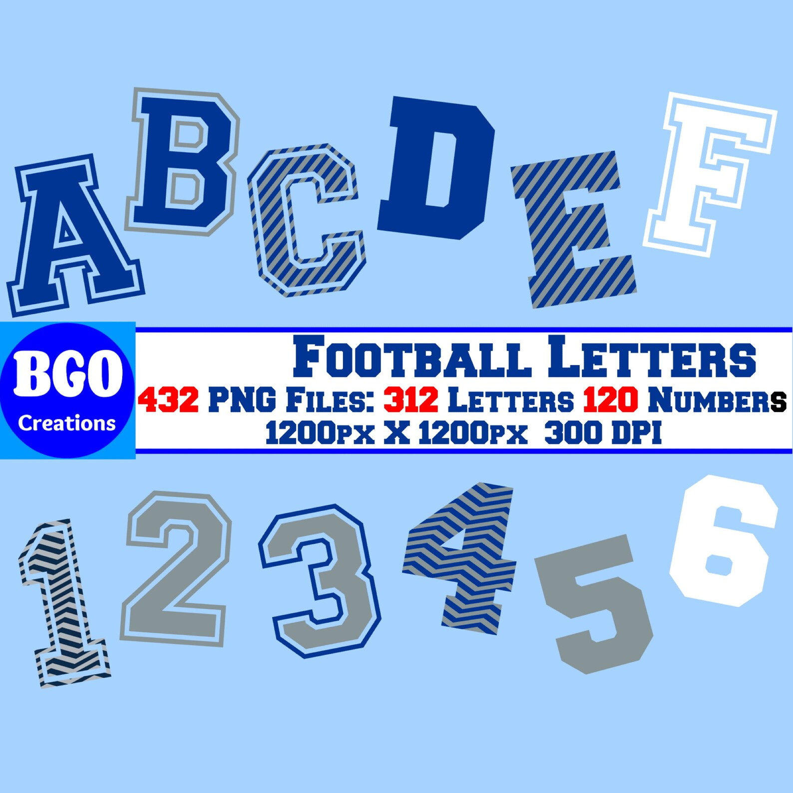 Blue & Silver Digital Football Alphabet, Sports Letters/numbers, 12 ...